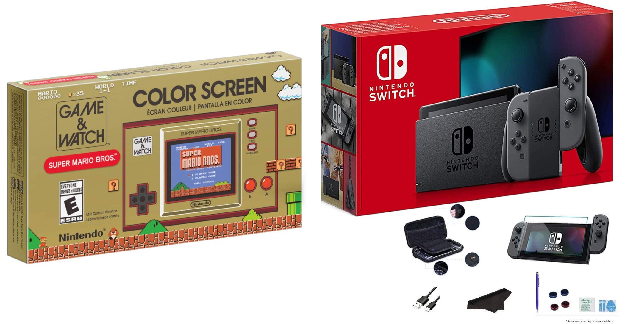 GALLIUMPI Newest Nintendo Switch Console with Gray Joy-Con + Game & Watch: Super Mario Bros - Family Holiday Bundle Deluxe 11-in-1 Accessories Kit for Switch
