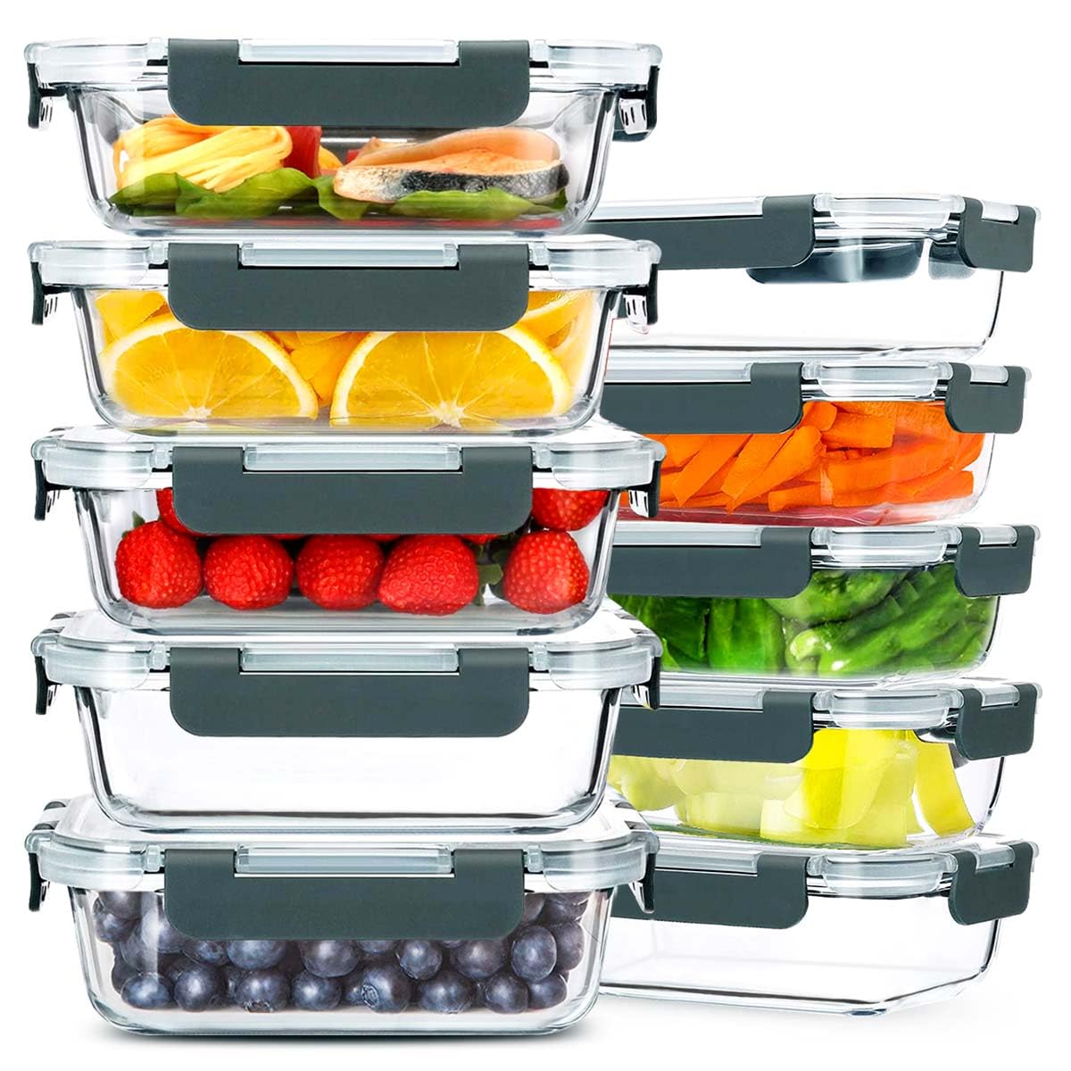 FREYBLI 10 Pack Airtight Glass Meal Prep Containers with Lids, Glass Bowls Set with Snap Locking Lids for Lunch, Food Storage, Meal Prep, Leftovers, Safe in Microwave, Freezer, Dishwasher
