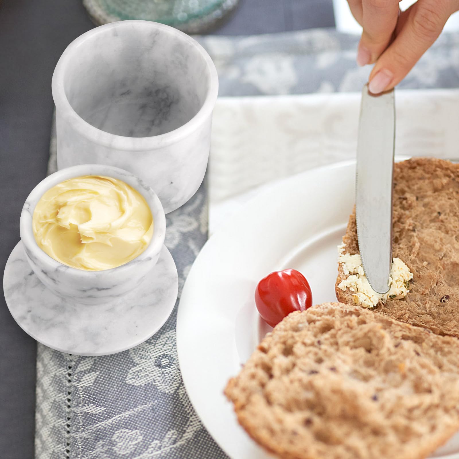 Butter Crock with Lid, Soft Spreadable Butter keeper, Marble French Butter Keeper to Leave On Counter, Butter Dish, Home and Kitchen Decor for Countertop (White Grey, Large)
