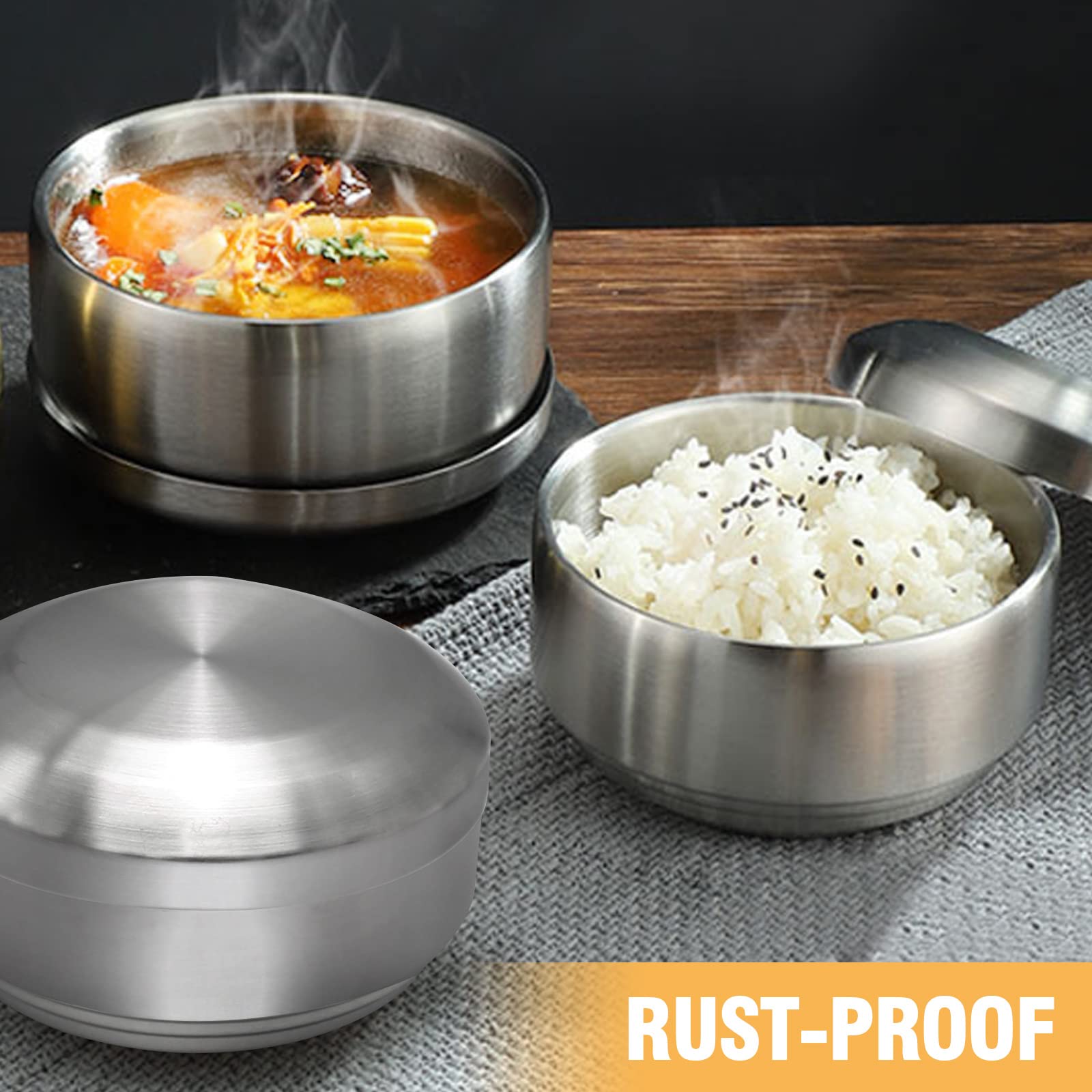 Aynaxcol Stainless Steel Rice Bowl with Lid, Set of 2, for Korean Kitchen Restaurant, Double-walled Metal Bowls, Multi-Purpose Insulated Soup Bowls Snacks Bowls (11.5cm Silver)
