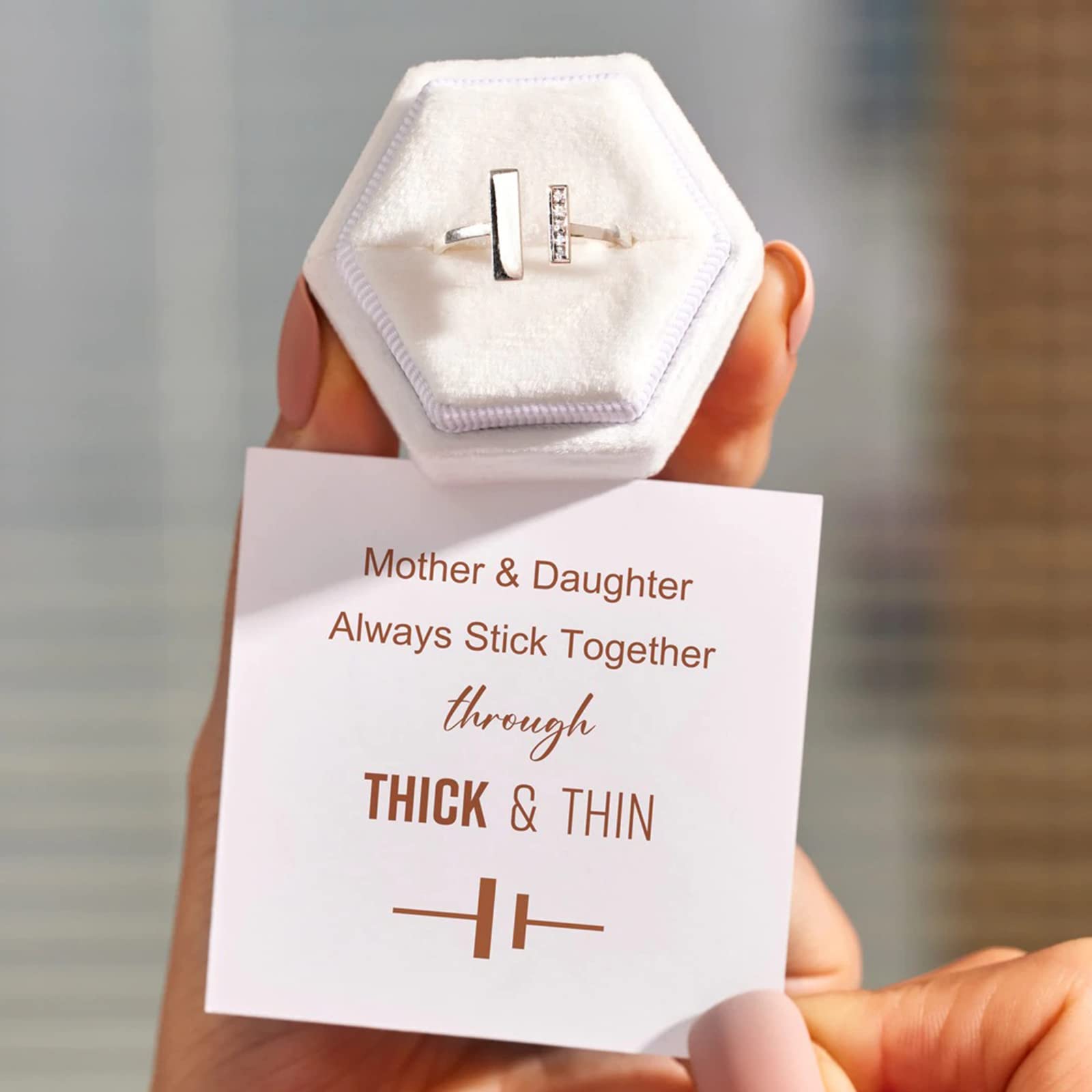 beemean Thick and Thin Ring Mother Daughter Ring Through Thick and Thin Ring Adjustable Double T Ring Cubic Zirconia Rings for Mother Daughter (silver)