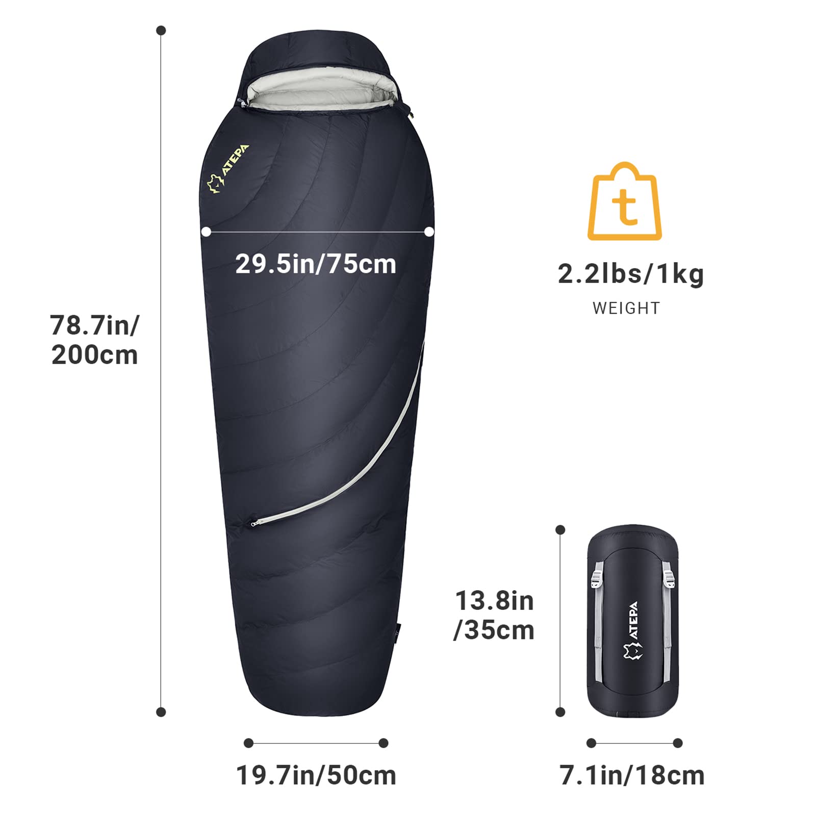 ATEPA 0 Degree Down Lightweight Sleeping Bag for Adult, Mummy Backpacking Ultralight Waterproof Compact All Cold Weather Sleeping Bag with Compression Sack for Women, Men, Hiking, Camping, Black