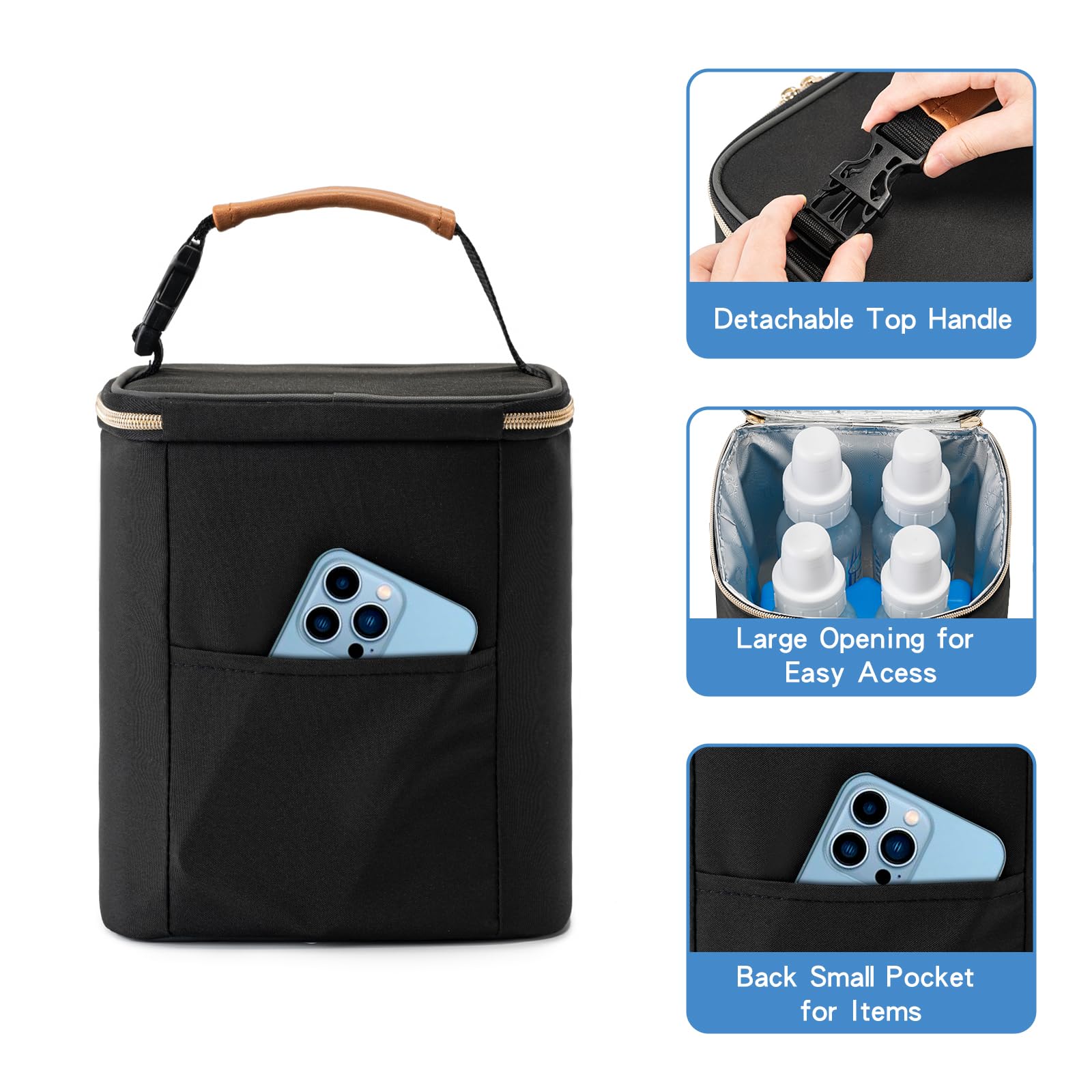 BABEYER Breastmilk Cooler Bag with Ice Pack Fits 4 Baby Bottles Up to 9 Ounce, Baby Bottle Cooler Bag Suitable for Nursing Mom Daycare, Black