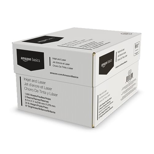 Amazon Basics Multipurpose Copy Printer Paper, 8.5-x-11-inch, 24lb, 1500 Sheets (3 Packs of 500), 97 Bright, White