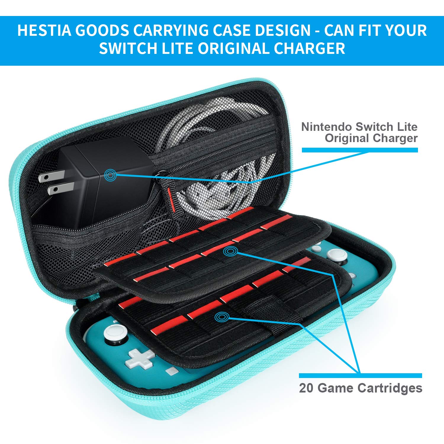 Daydayup Switch Case Compatible with Nintendo Switch Lite 2 Pack Screen Protector & 6 Pcs Thumb Grip, 20 Game Cartridges Hard Shell Travel Carrying Switch Lite Console & Accessories, Turquoise