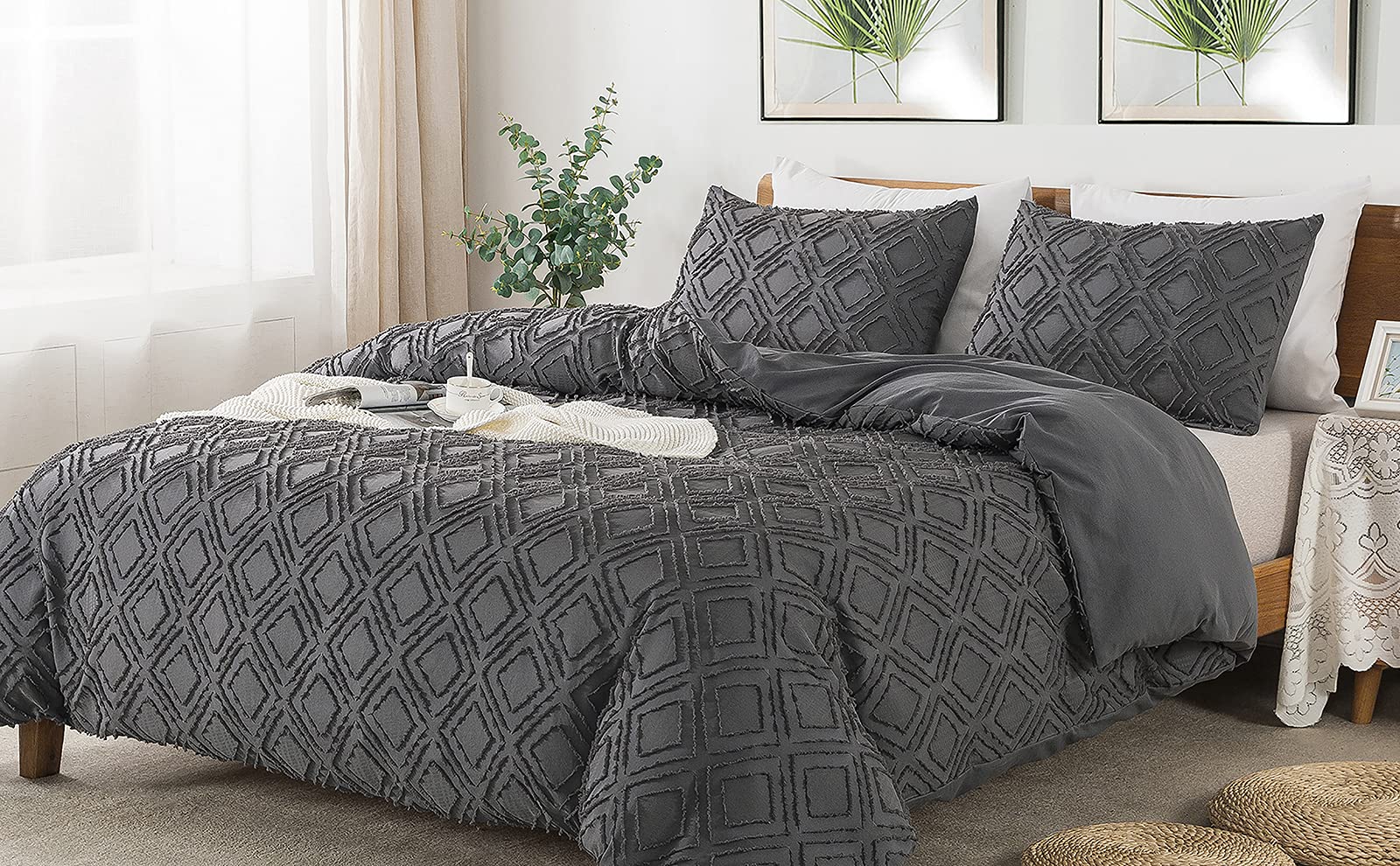 Lamourbear Jacquard & Tufted Geometric Grey Duvet Cover Queen Size Bedding Set, Soft, All Seasons, with Double-end Sliders Zipper Closure, 8 Ties, 3 Pieces (2 Pillowcase, 1 Duvet Cover), Q Dark Grey