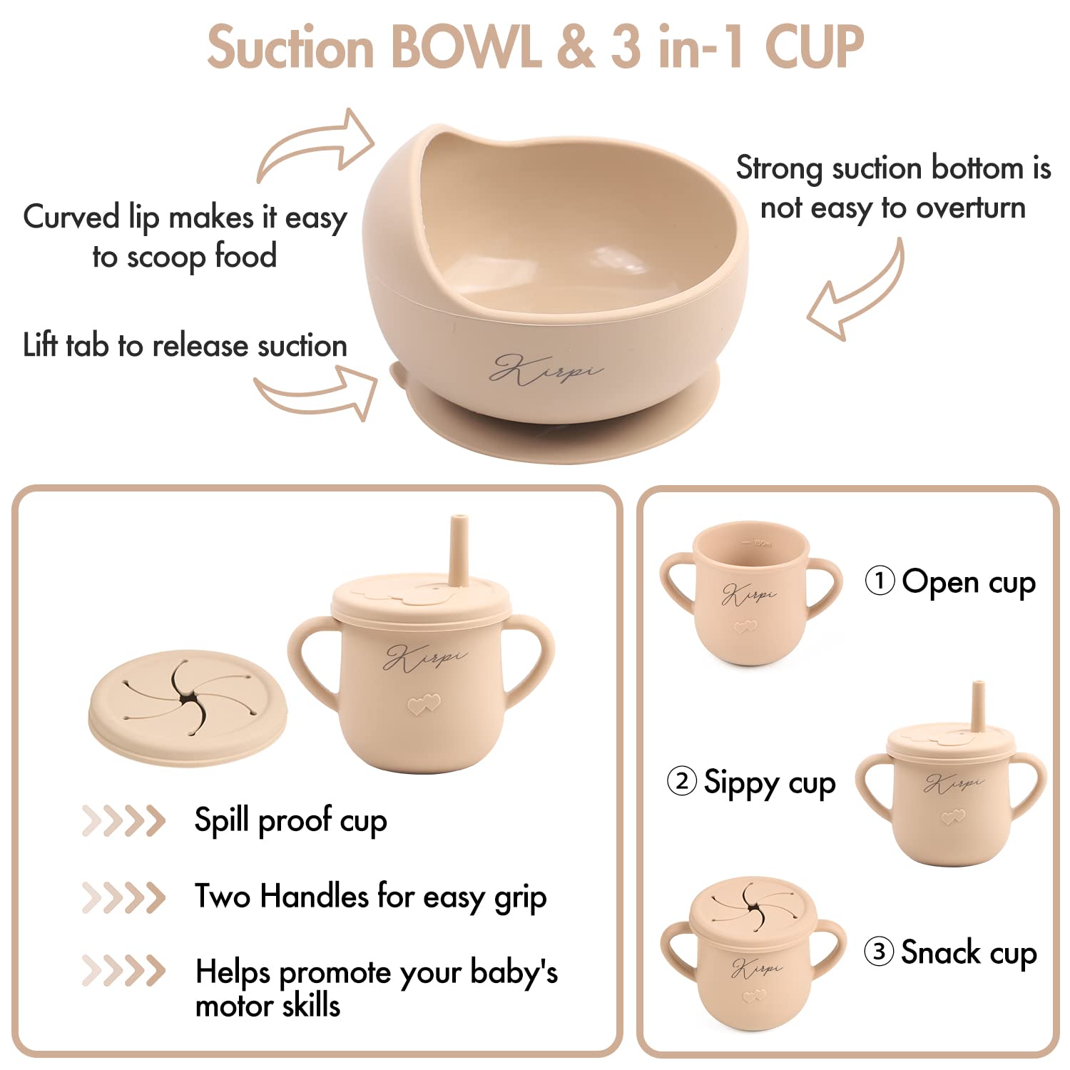 Baby Led Weaning Supplies - Kirpi Baby Feeding Set - Silicone Suction Bowls, Divided Plates, Sippy and Snack Cup - Toddler Self Feeding Eating Utensils Set with Bibs, Spoons, Fork - 6 Months (Beige)