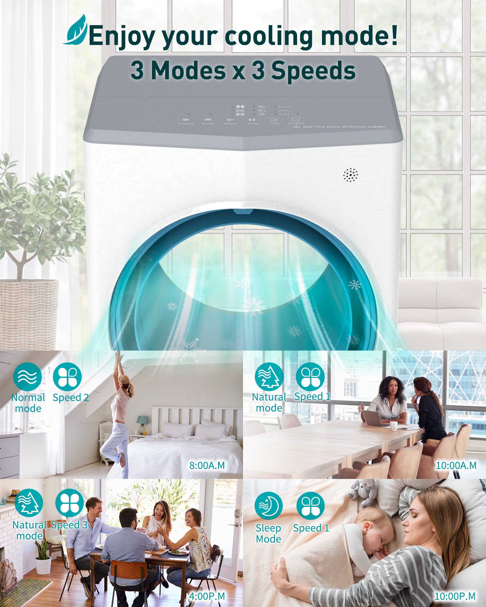 Evaporative Air Cooler, Bladeless Tower Fan & Humidifier with 3 Modes, Portable Swamp Fan with Oscillation, 3 Speeds, 1 Gallon Water Tank, Remote Control, Timer, for Home Indoor