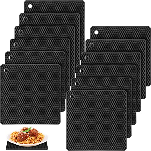 Bokon 12 Pcs Silicone Trivet for Hot Dishes 7'' Square Silicone Trivet Mats Heat Resistant Pot Holders Black Anti Slip Silicone Pot Mat Table Placemats for Pots and Pans Hot Pad for Kitchen Counter