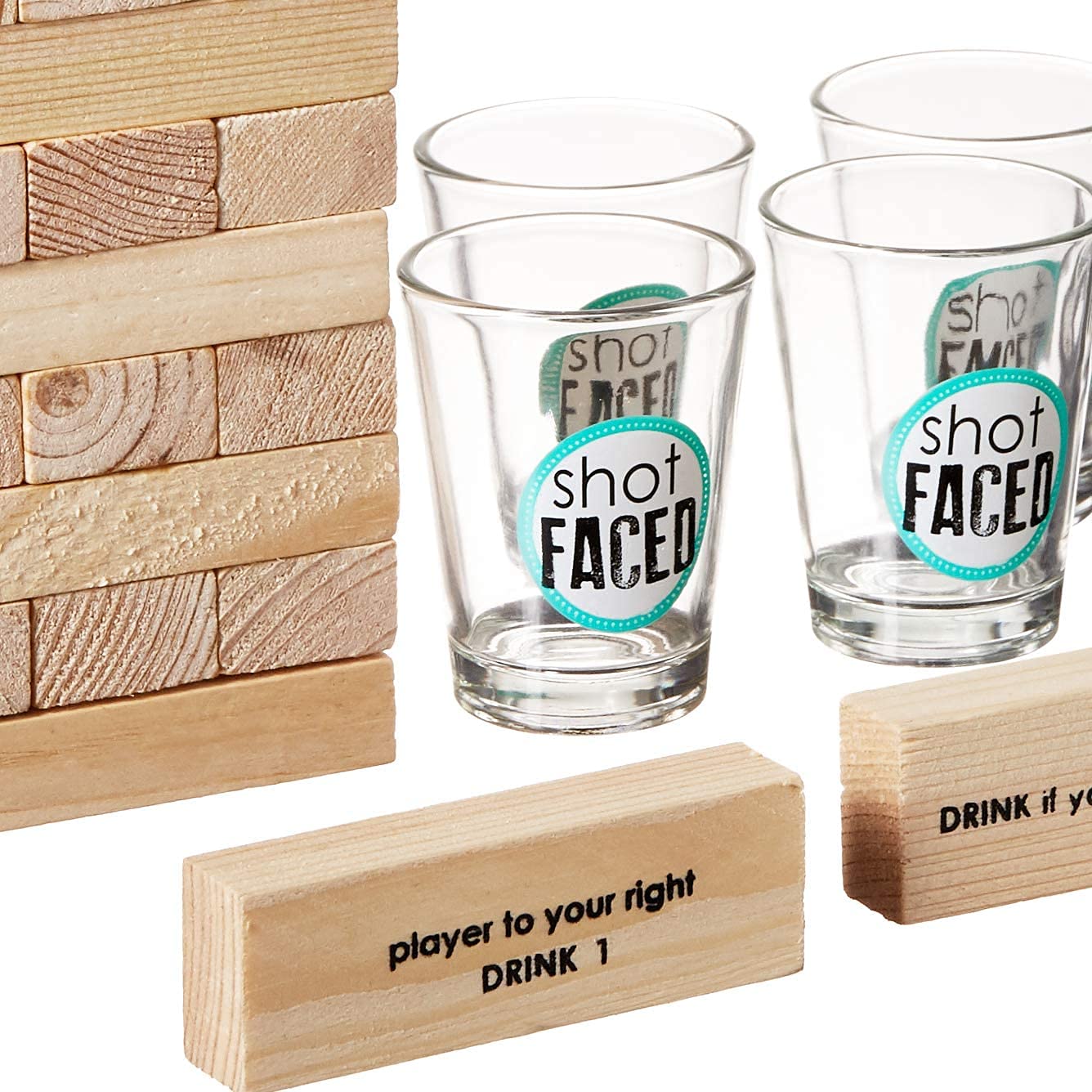 Game Night Tipsy Tower Glass Drinking Game Set w/Wooden Blocks & 4 Lead-Free Shots-Ideal Gift for Birthdays, Father's Day & More, 1 Count (Pack of 1), Brown