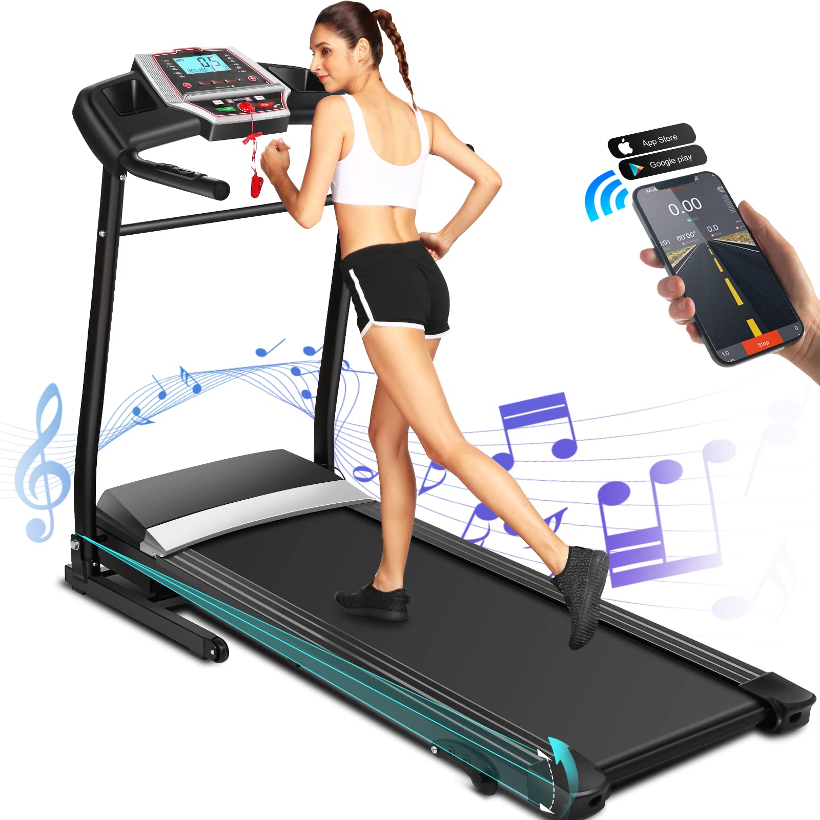 ANCHEER Folding Treadmill with Incline, Electric Treadmill for Home, APP Connected Treadmill, Shock Absorption System, Bluetooth Audio Speakers, Pulse Monitor, 12 Preset Programs Running Machine