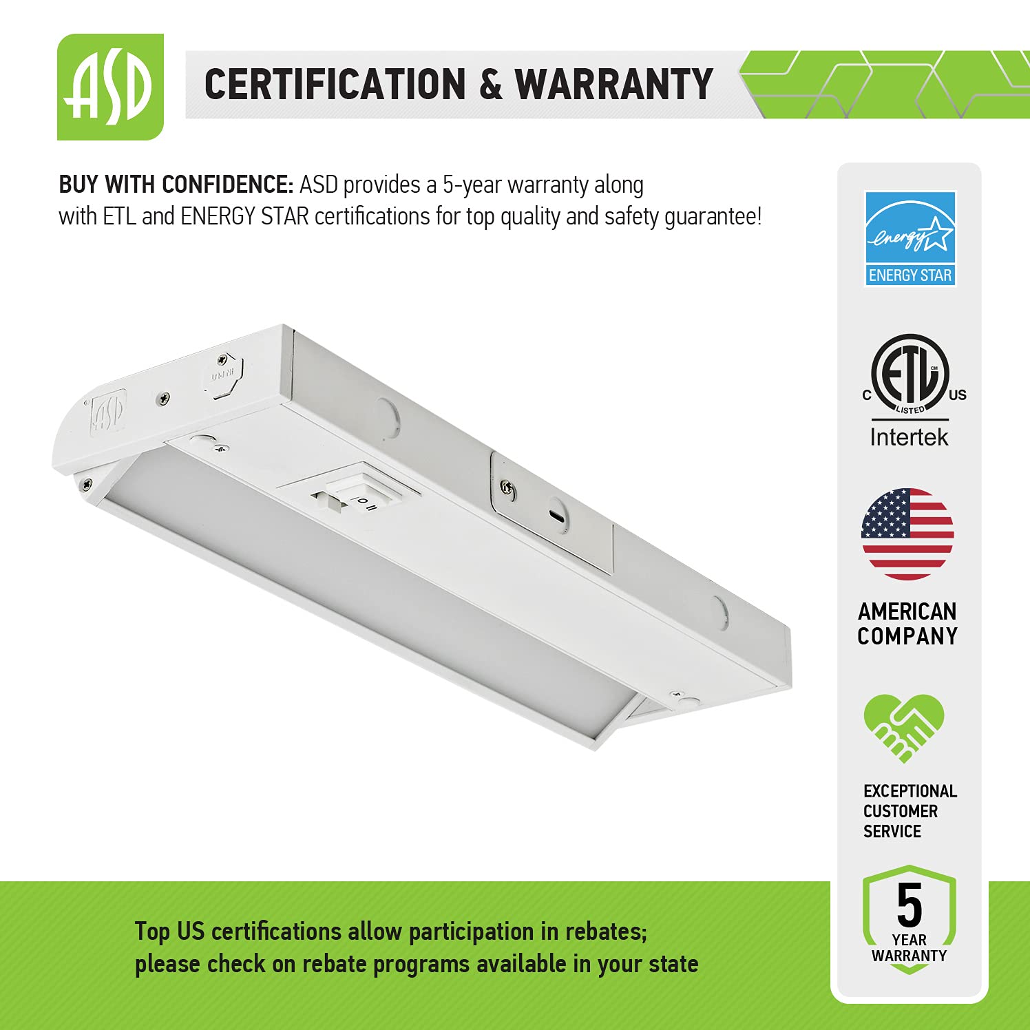 ASD Swivel LED Under Cabinet Lighting, 12 Inch 5W, Hardwired or Plug-in, 2700K/3000K/4000K Selectable, Rotatable Lens, Dimmable Linkable Under Counter Light for Kitchen, ETL & Energy Star