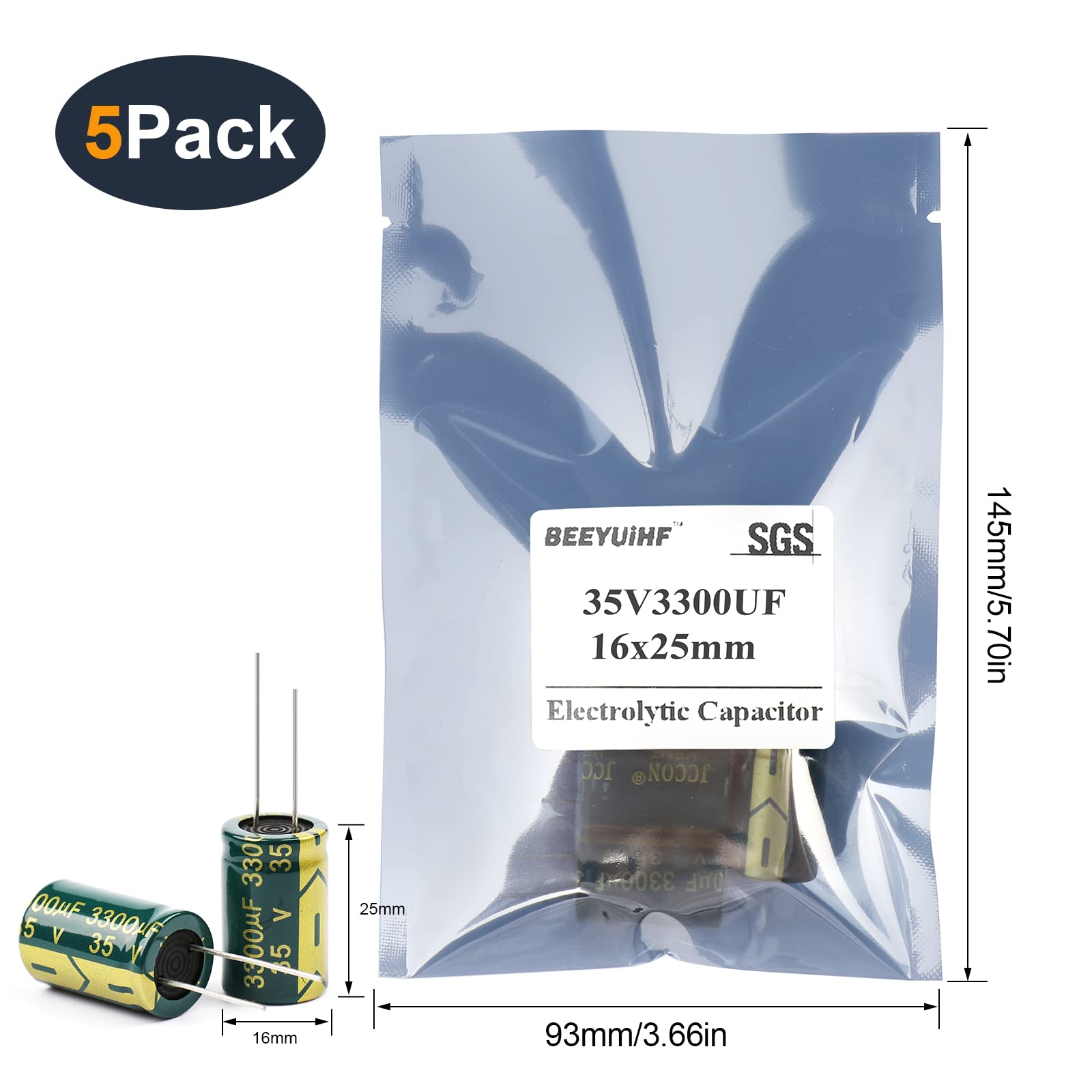 BEEYUIHF 3300UF MFD Capacitor 35V3300UF 16x25mm Aluminum Electrolytic Capacitors ±20% -40℃ to +105℃ (Pack of 5 Pcs)