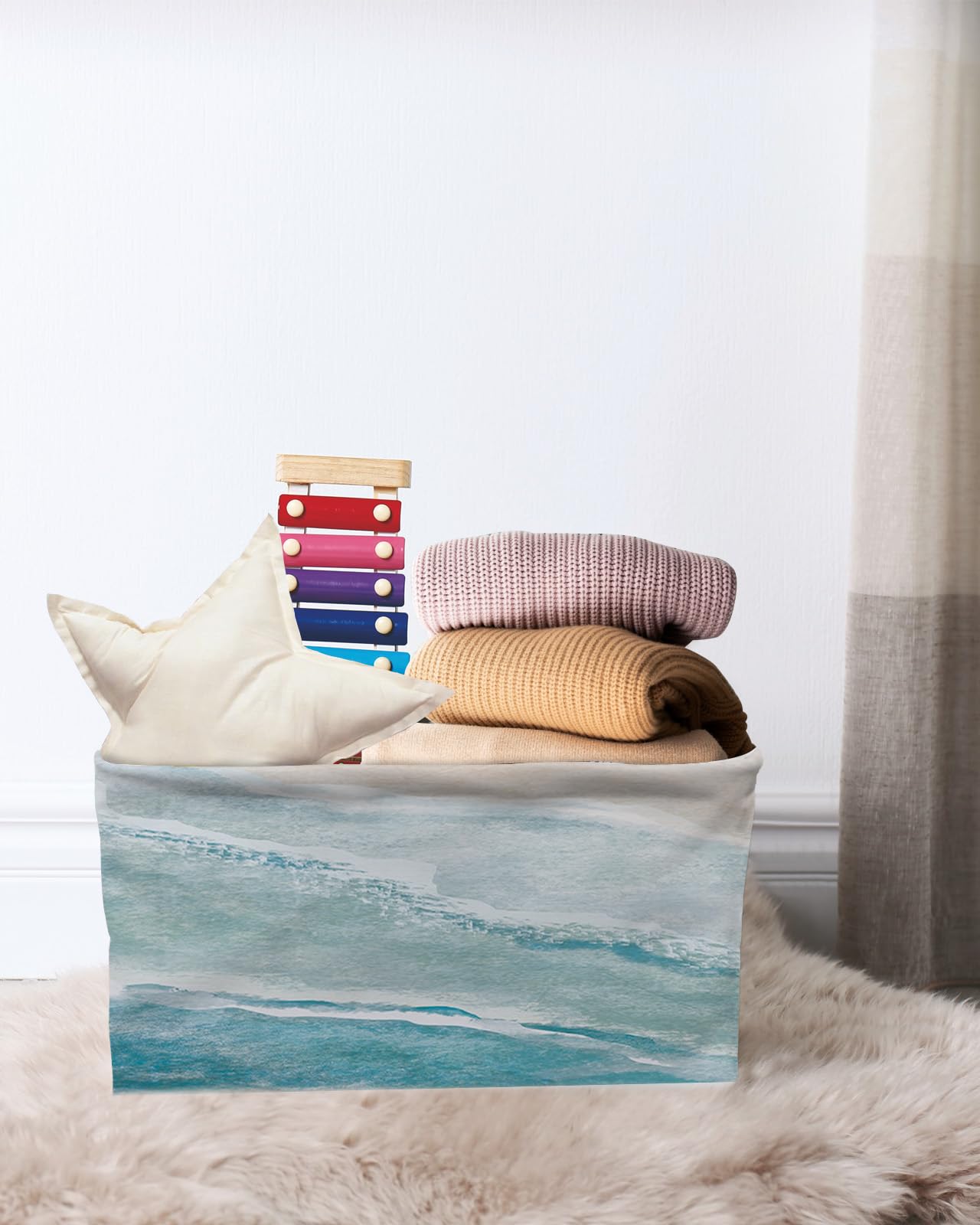 DecorLovee Summer Beach Storage Basket Waterproof Cube Storage Bin Organizer with Handles, Ocean Nautical Coastal Seaside Aqua Beige Collapsible Storage Cubes Bins for Clothes Books 15"x11"x9.5" 1 Pcs