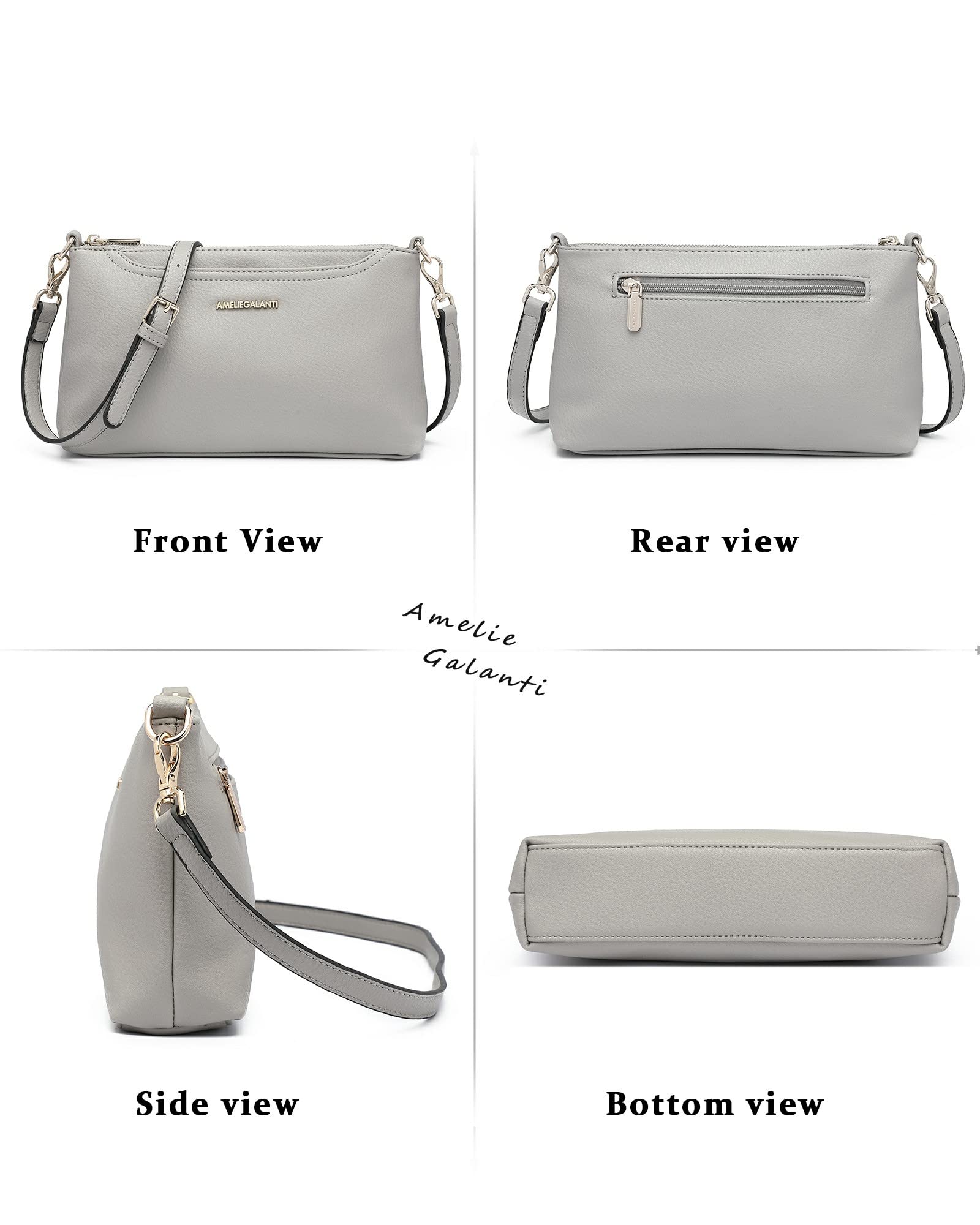 AMELIE GALANTI Small Medium Size Crossbody Bag purse for Women,leather Shoulder handbag with Adjustable Strap (GREY)