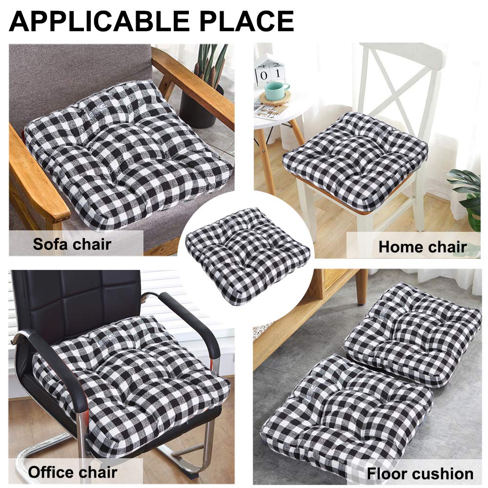 Big Hippo Chair Pad Tufted Chair Cushion for Indoor/Dining Chairs Kitchen Chair Pads with Ties Buffalo Check Chair Cushion Pad 17"x17", Black and White Plaid(2 Pack)