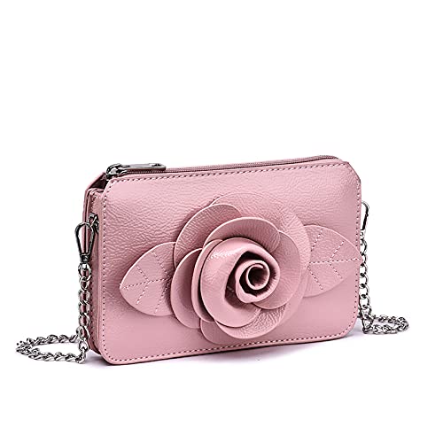 Mellow World Rosali 3D Floral Cell Phone Small Cross Body Shoulder Bag Vegan Patent Leather Women Purse Touch Screen Removable Strap, Mistyrose