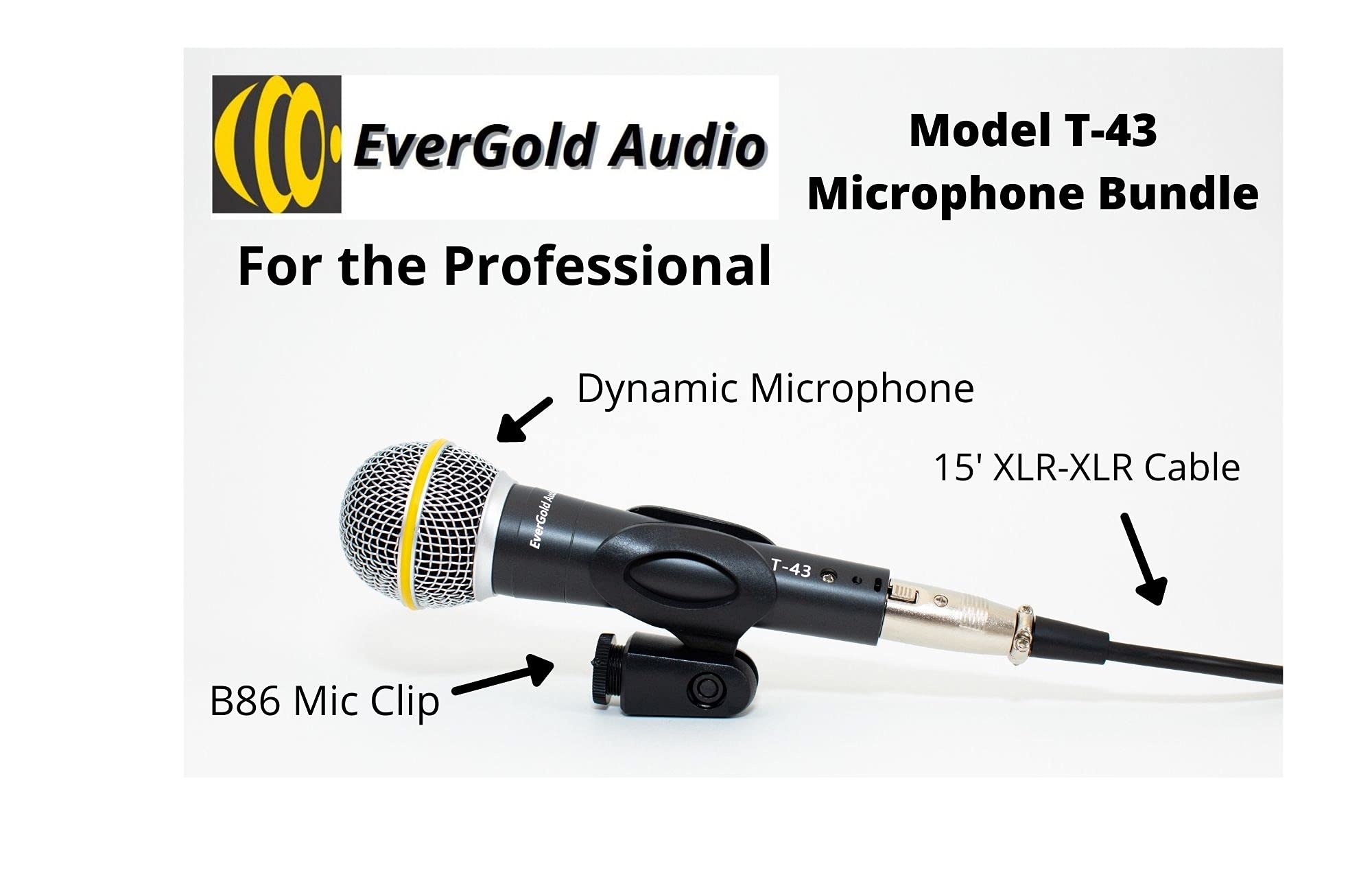 EverGold Dynamic Microphone Bundle, Professional Karaoke Microphone with 15ft XLR (Male to Female) Cable, Durable Vocal Handheld Microphone, Cardioid Wired Mic for Podcast, DJ, Singing (Model T-43)