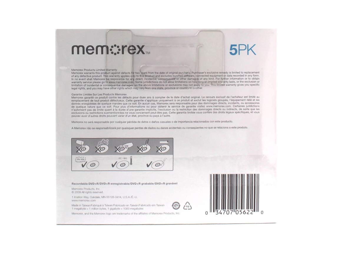 Memorex 16x 4.7GB 120min DVD+R Media 5pack