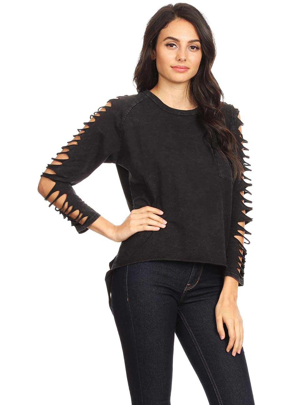 Anna-Kaci Ripped Cut Out Holes Long Sleeve Faded Distressed Top Pullover Shirt,Black,X-Large