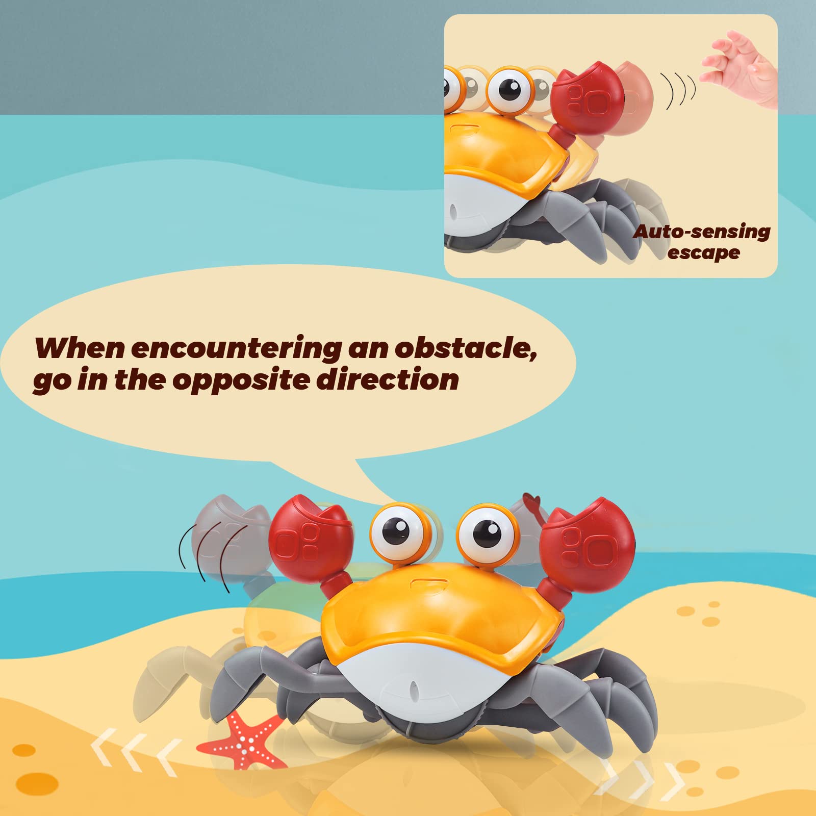 Befocus Baby Crawling Crab Toy with Music and LED Light for Kids Toddles, Crab Toys with Automatic Induction and Obstacle Avoidance Function, USB Rechargeable Fun Moving Toys for Boys Girls (Yellow)