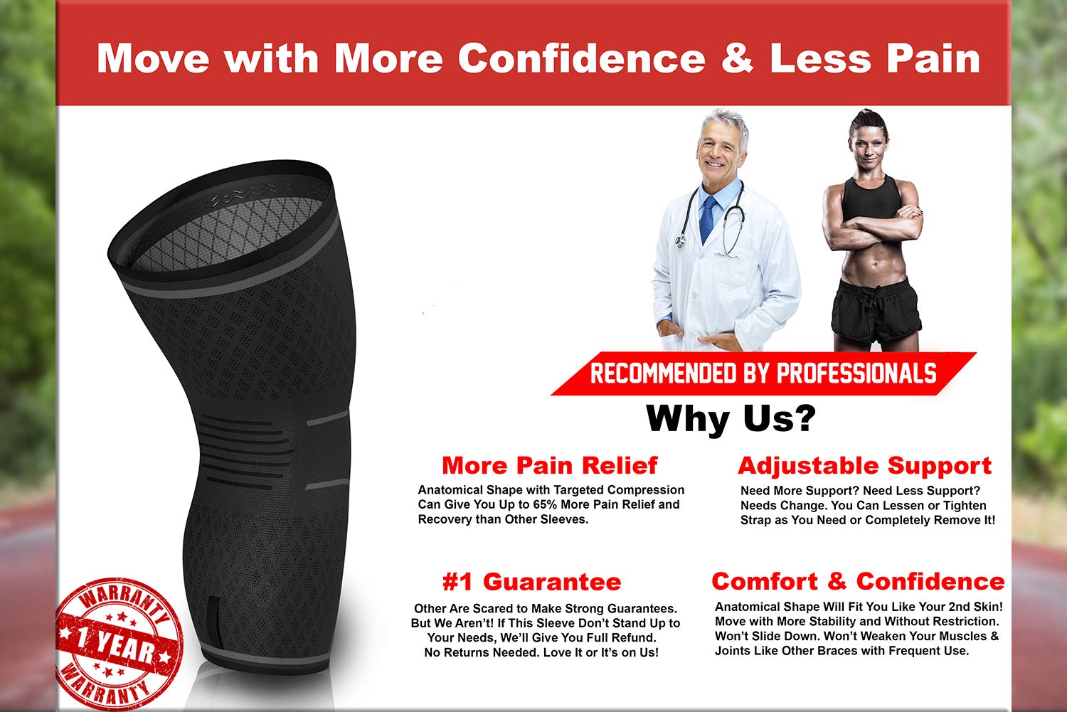 ATHLEDICT Knee Brace Compression Sleeve with Strap for Best Support & Pain Relief for Meniscus Tear, Arthritis, Running, Basketball, MCL, Jogging and Recovery for Men & Women (Black, Large)