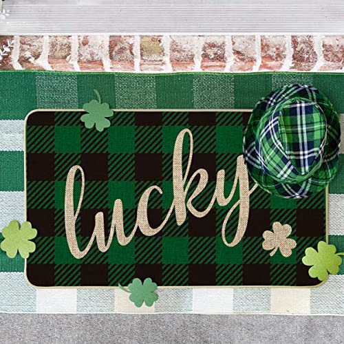 Artoid Mode Buffalo Plaid Lucky Clover Shamrock Decorative Doormat, Seasonal Spring St. Patrick's Day Holiday Low-Profile Floor Mat Switch Mat for Indoor Outdoor 17 x 29 Inch
