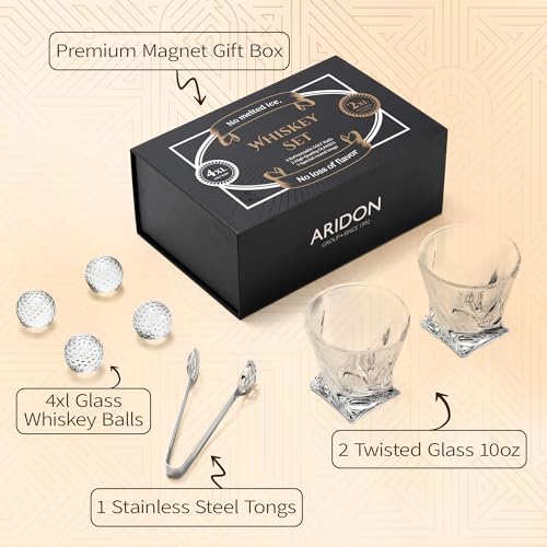 Aridon - Whiskey Set, 2-Piece Whiskey Glasses Set with 4 Whiskey Balls, Premium Twisted Whiskey Glass with Stones, Whiskey Stones Large Size, 1.57β Crystal-Clear Glass Whiskey Sphere Stone