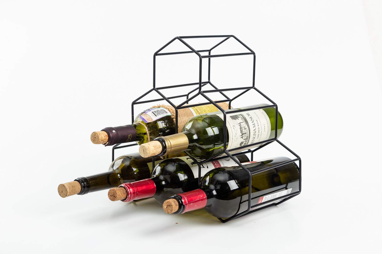 Asian Home Geometric Hexagon 6 Bottle Desktop Wine Rack Freestanding Countertop Bottle Holder for Wine Storage, Metal, Black