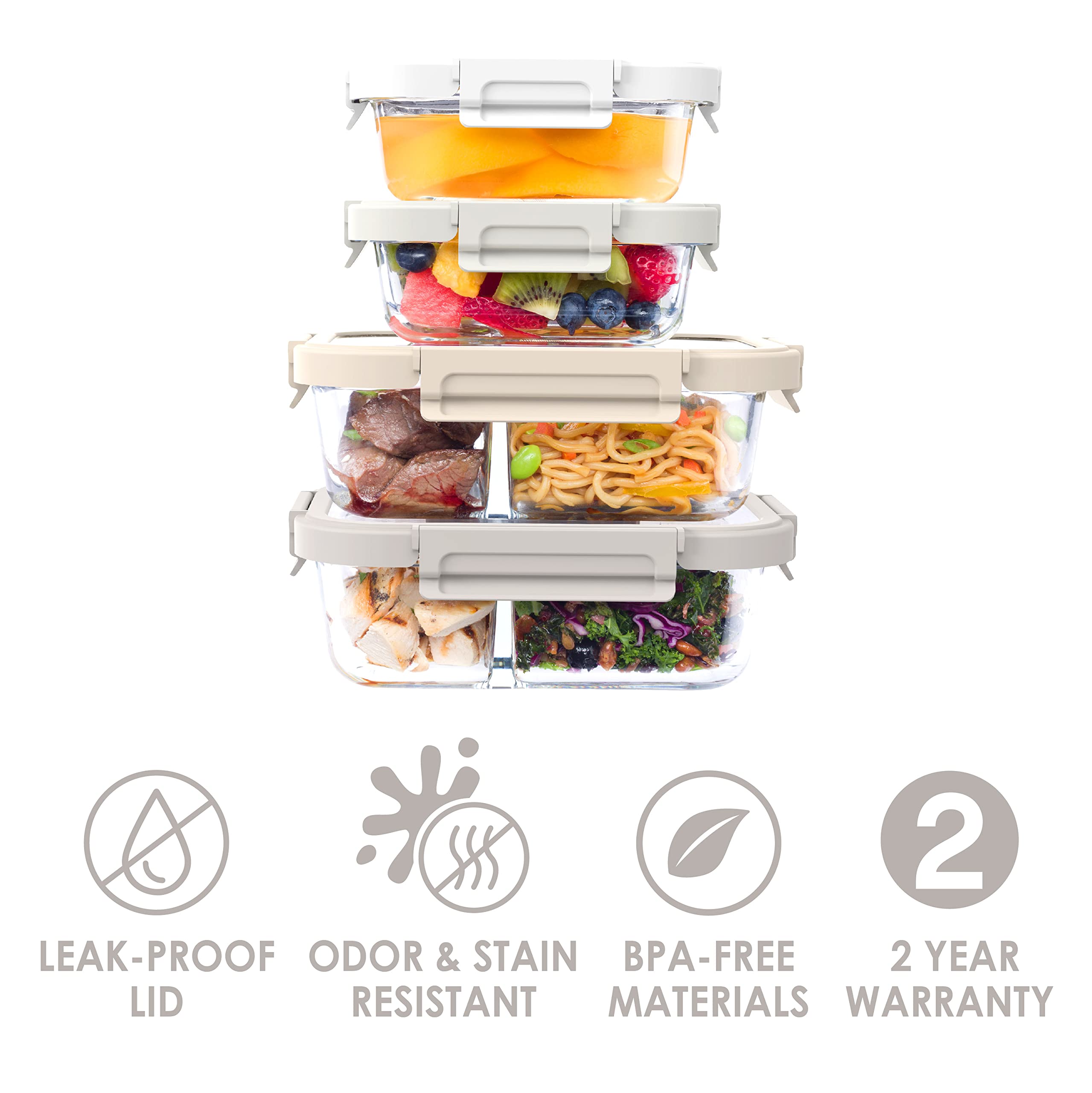 Bentgo® Glass Leak-Proof Meal Prep Set - 8-Piece Lunch & Snack 1 & 2-Compartment Glass Food Containers with Glass Lids - Reusable, BPA-Free, Microwave, Freezer, Oven & Dishwasher Safe (White Stone)
