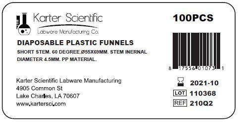 Karter Scientific 210Q2 Natural PP Plastic Funnels, Short Stem, 55mm (Pack of 100)