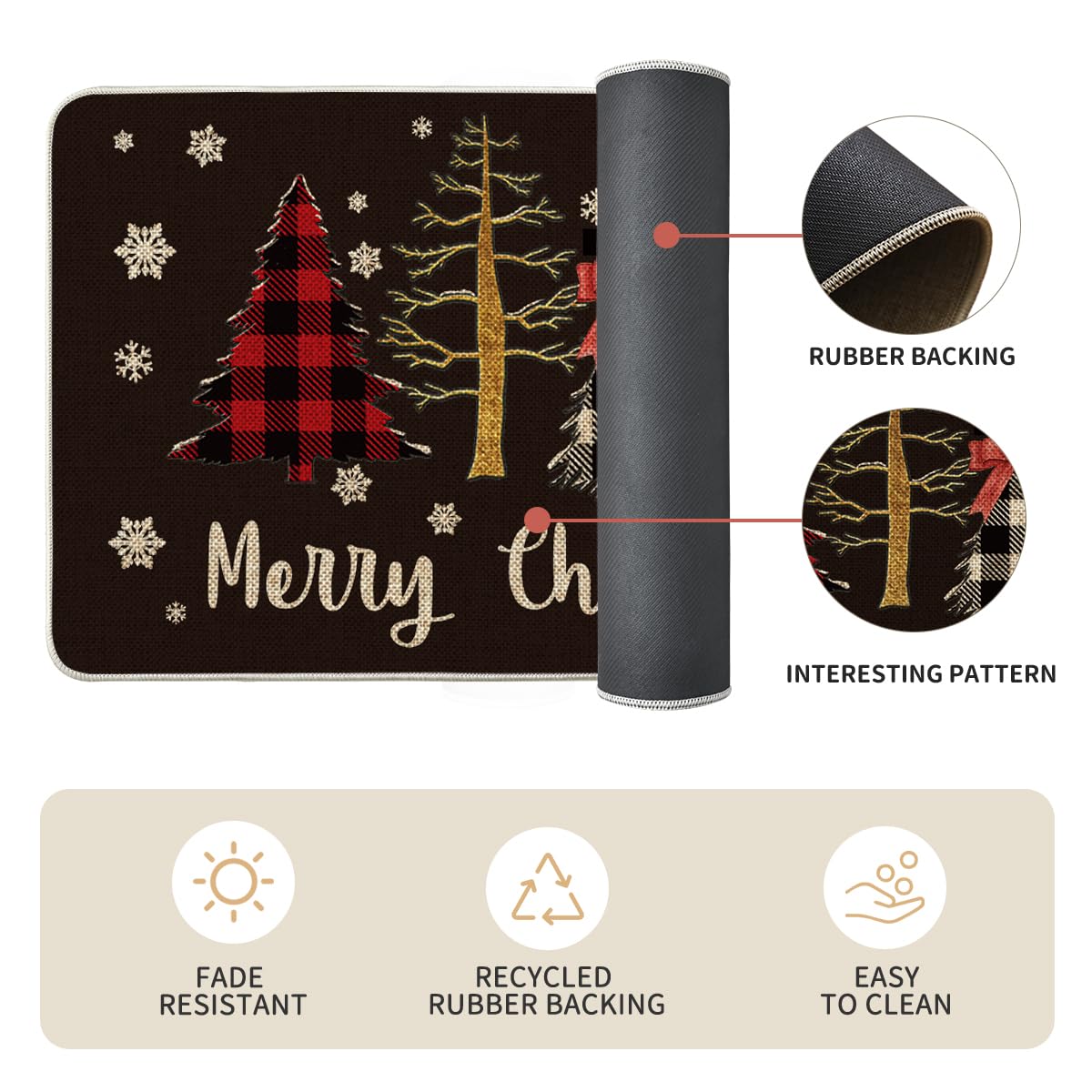 Artoid Mode Buffalo Plaid Tree Gnomes Black Christmas Kitchen Rugs Set of 2, Winter Low-Profile Floor Mat Merry Home Decora for Floor - 17x29 and 17x47 Inch
