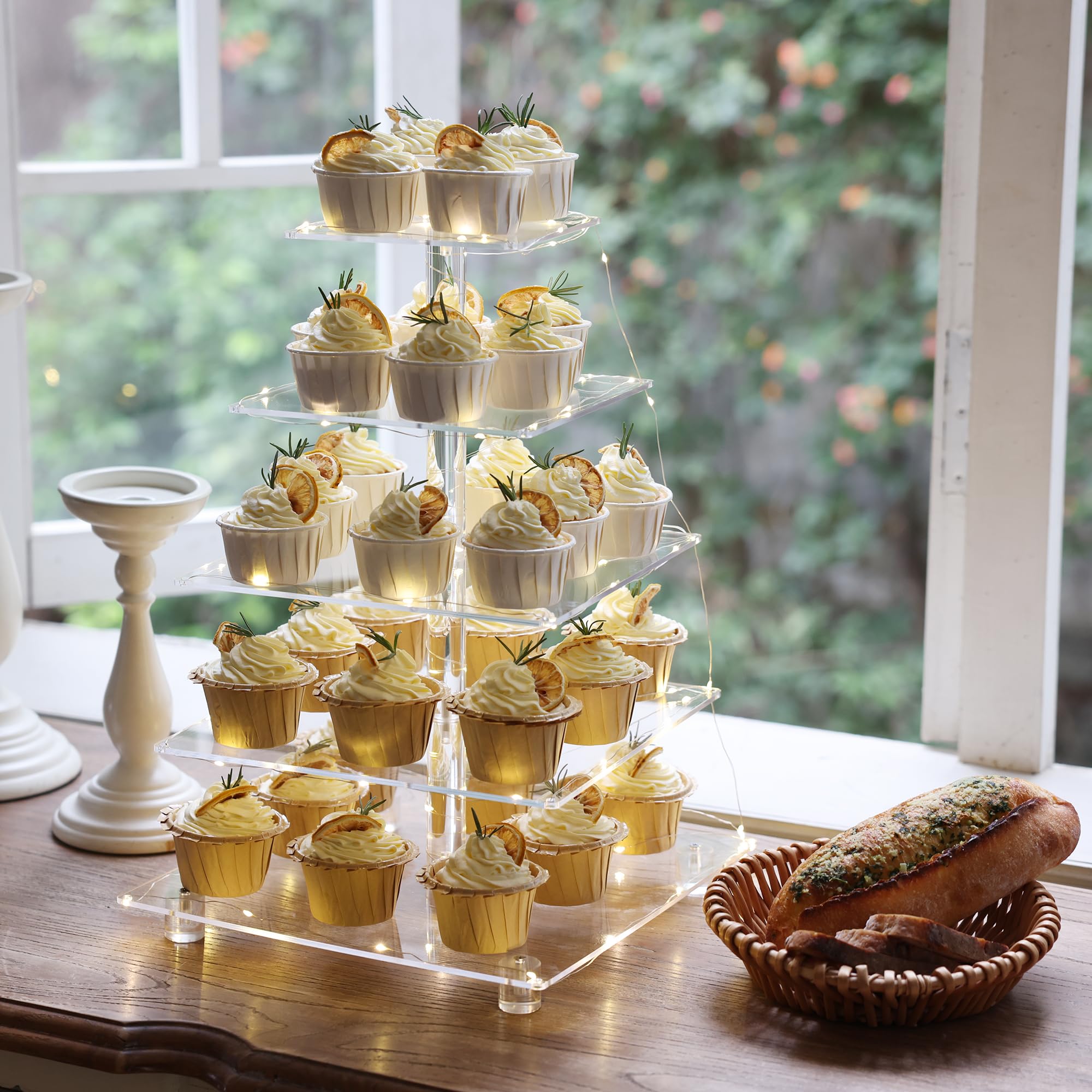 Antimbee 5 Tier Clear Acrylic Cupcake Stand with Gold LED Light String, Square Cup Cake Holder Tower Display