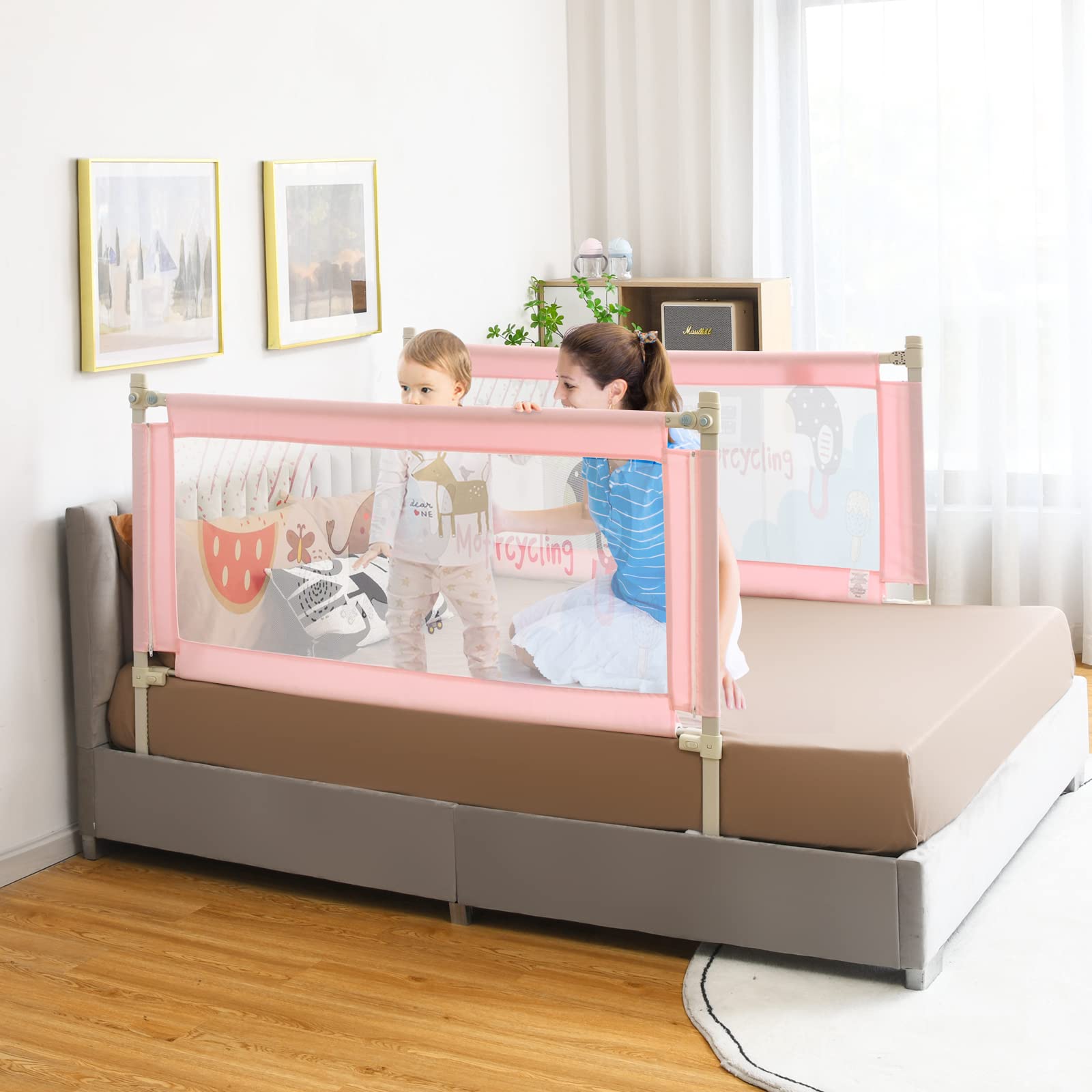 BABY JOY Bed Rail for Toddlers, 57ββ Extra Long, Height Adjustable & Foldable Baby Bed Rail Guard w/Breathable Mesh & Double Safety Child Lock for Kids Twin Double Full Size Queen King Mattress, Pink