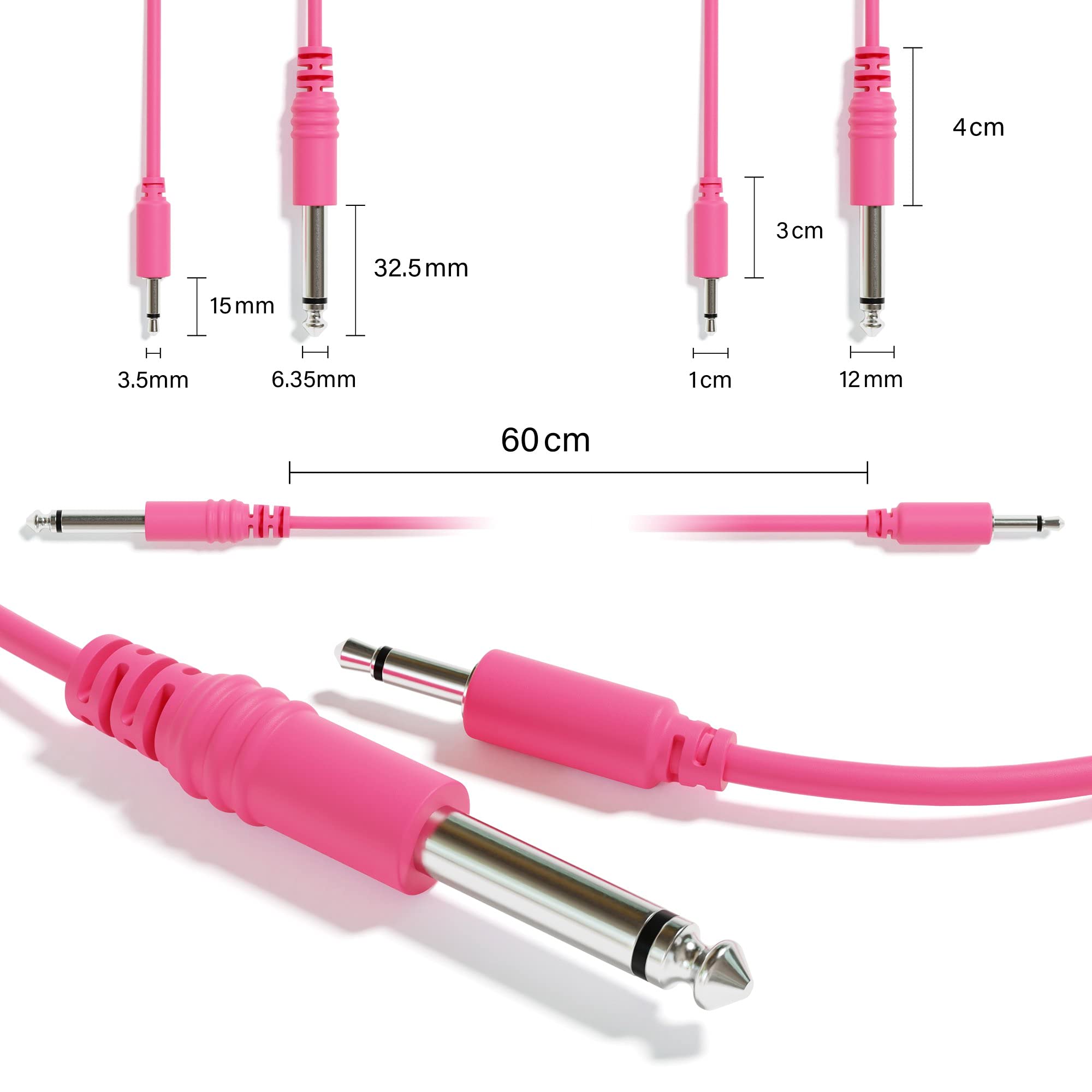 ExcelValley - 1-Pack - Mono Patch Cables - TS 3.5mm 1/8" to 6.35mm 1/4" [Pink | 60 cm - 23.62"]