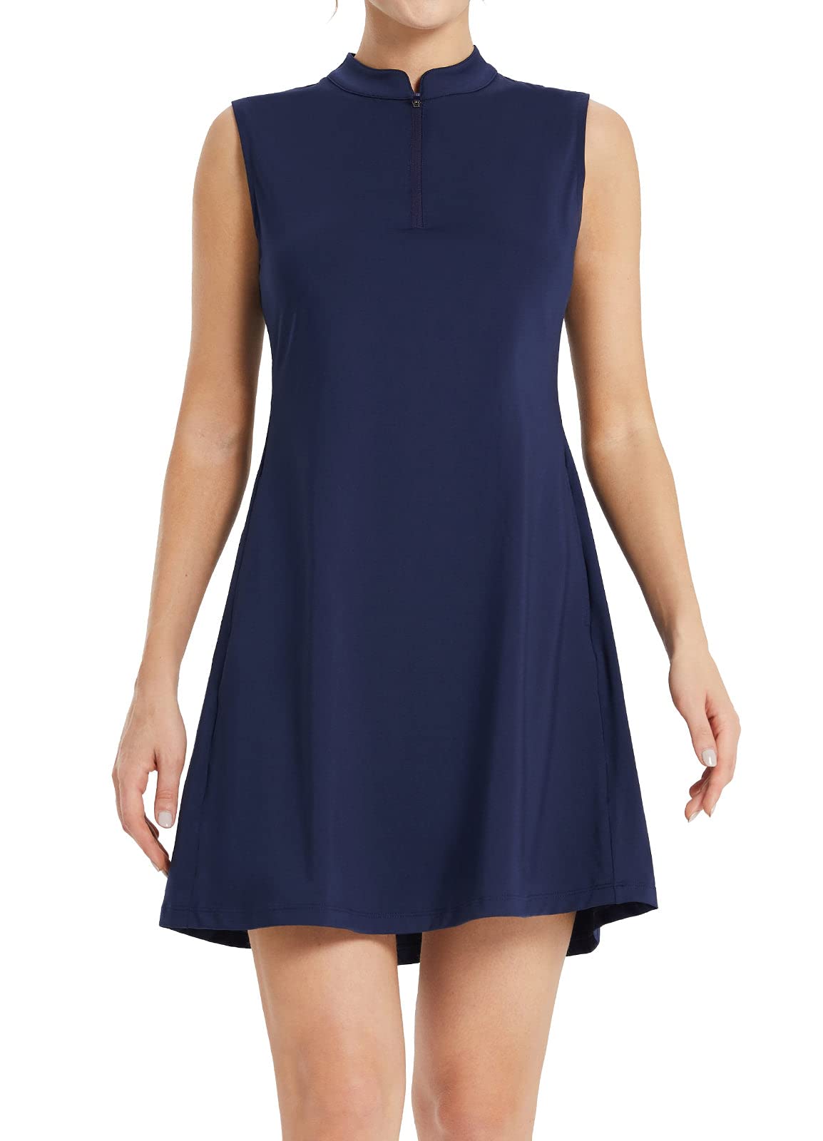 BALEAF Golf Dresses for Women 5 Pockets Tennis Athletic Quick Dry Sleeveless UPF 50 Seperated Shorts Zip Stand Collar Navy Blue M