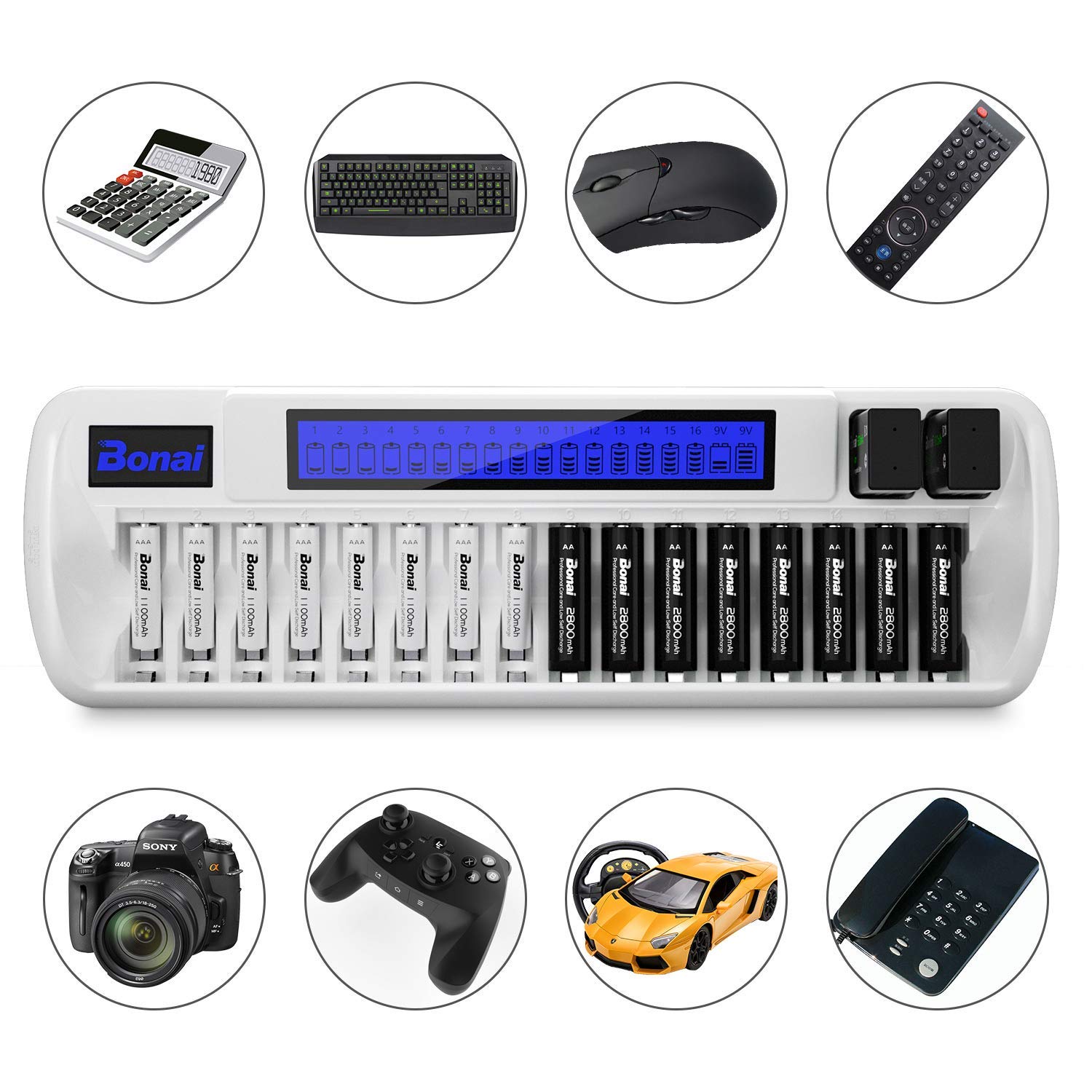 Bonai 16 Bay Battery Charger for Rechargeable AA AAA 9V Battery