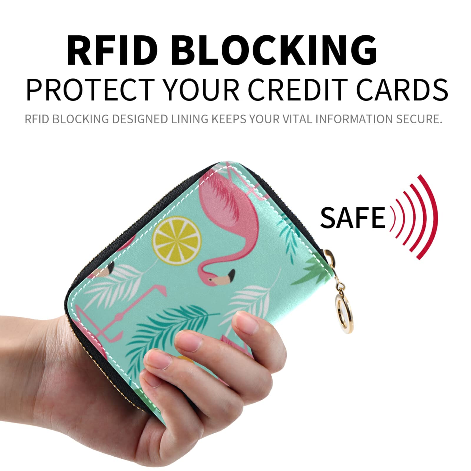 Seamless Pink Flamingos, Pineapples and Exotic Leaves on TurquoiseGrey Credit Card Coin wallet, RFID Blocking Compact Women Leather Card Holder, Key Change Organizer, Zipper Purse Clutch Pouch