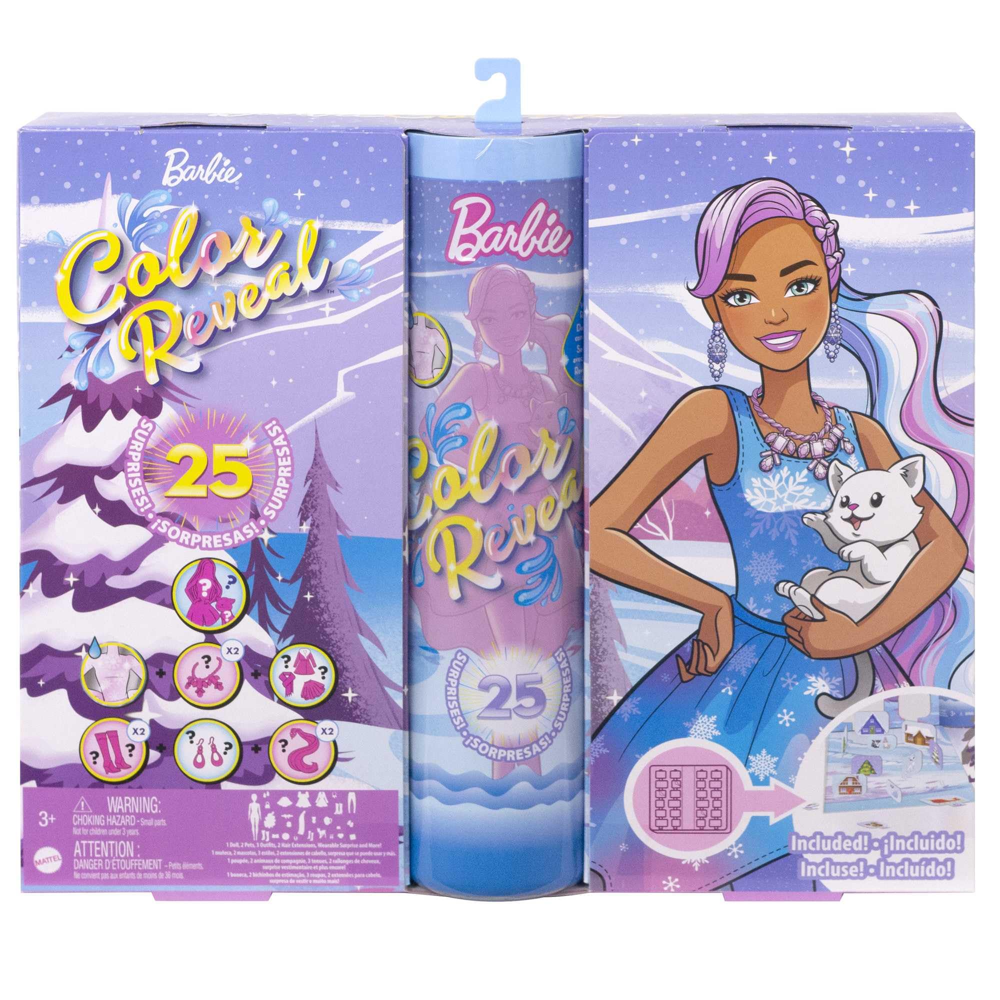 Barbie Color Reveal Advent Calendar, 1 Color Reveal Doll & 3 Pets, Clothes, Accessories & 2 Hair Extensions, 25 Surprises, for Kids