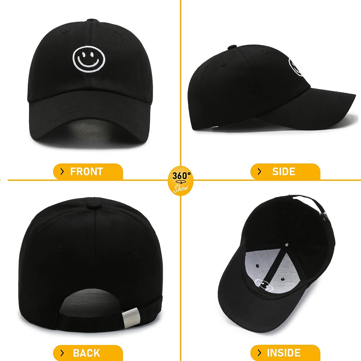 AJG Smiley Face Baseball Cap Men Women Cotton Adjustable Dad Hat Classic Casual Outdoor Unisex Trucker Hat (2Pack-Black&Yellow)