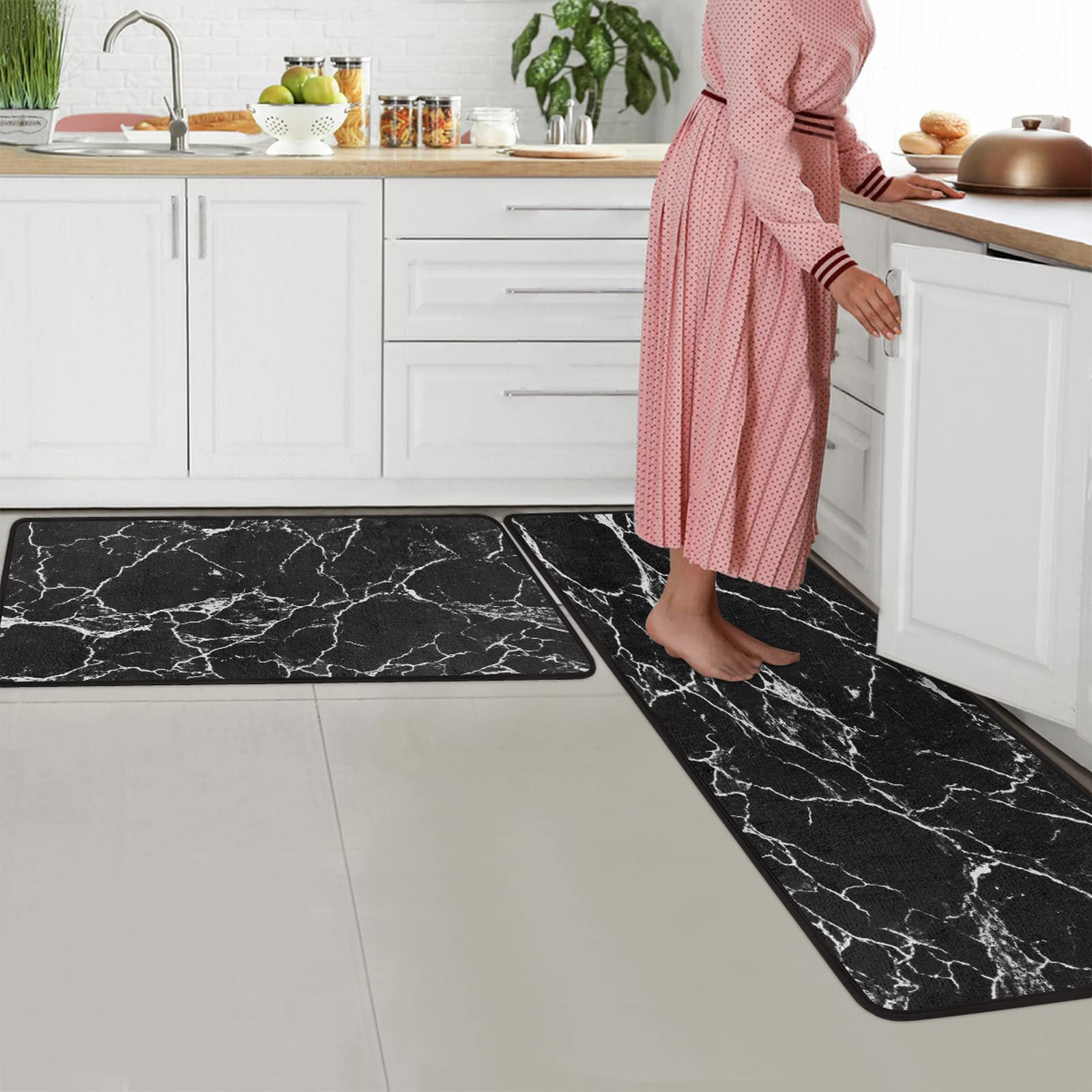AUUXVA Black Marble Texture Lines Print Kitchen Mats Cushioned Anti Fatigue 2 pcs Set, Memory Foam Kitchen Rugs, Non Slip Washable Area Rug for Floor Sweet Home Decor, 17"x29"+17"x47"