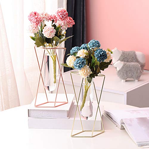 Aoderun Glass Flower Vase with Metal Stand Modern Geometry Desktop Glass Planter Indoor Hydroponics Plants for Home Office Garden Wedding Decor (Gold, M)