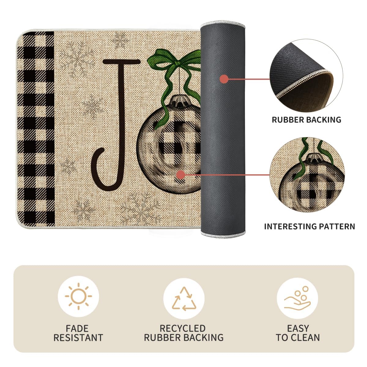Artoid Mode Buffalo Plaid Xmas Trees Joy Christmas Kitchen Mats Set of 2, Winter Home Decor Low-Profile Kitchen Rugs for Floor - 17x29 and 17x47 Inch