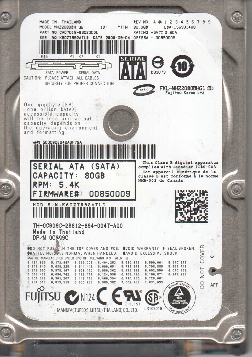 MHZ2080BH G2, PN CA07018-B30200DL, Fujitsu 80GB SATA 2.5 Hard Drive