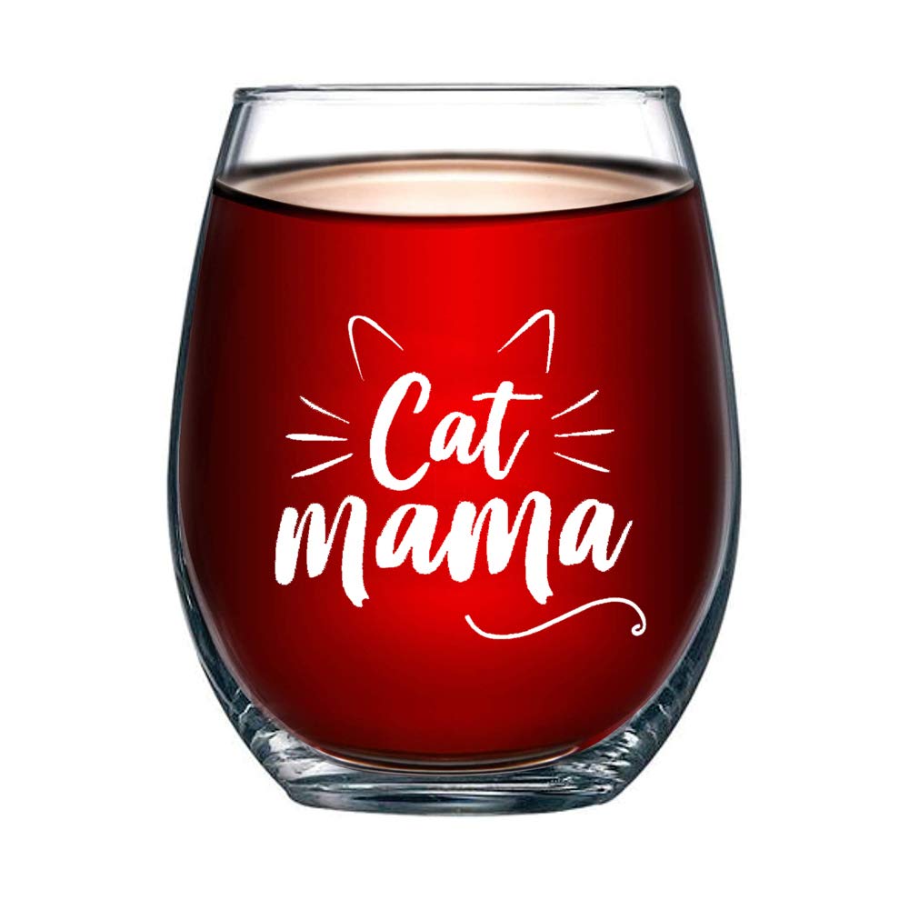 BigNoseDeer Cat Mom Wine Glasses Stemless Crystal Wine Mug Cat Mug Cat Gifts for Cat Lovers Gifts for Women Friends Mother's Day for Mom(14oz)