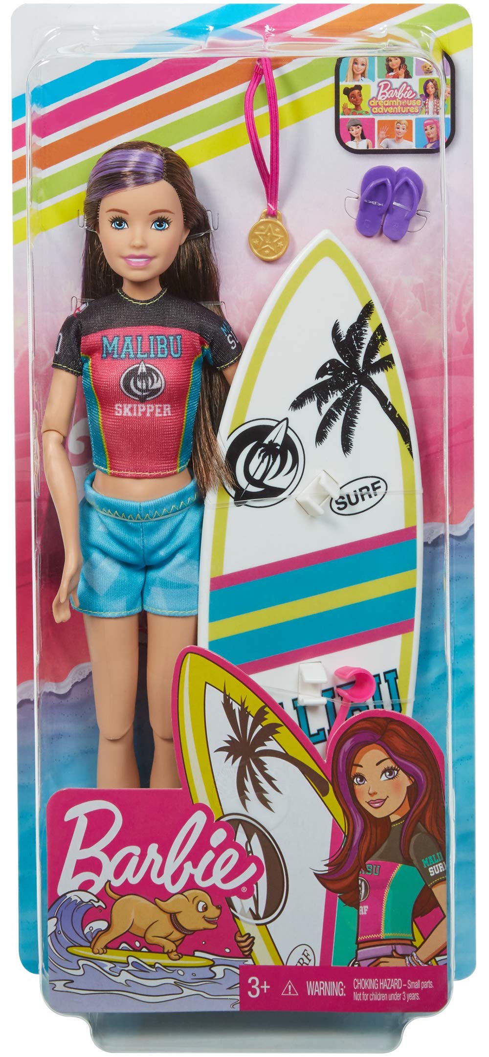 Barbie Dreamhouse Adventures Skipper Surf Doll, Approx. 11-inch in Surfing Fashion, with Accessories
