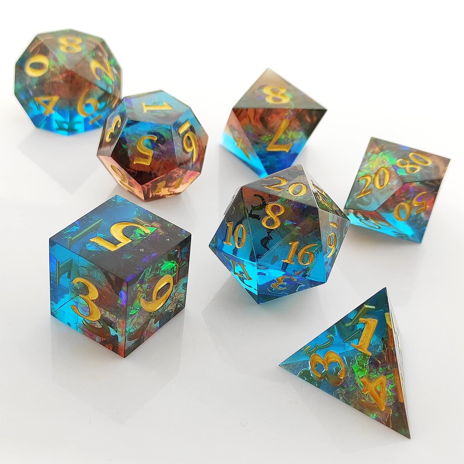 AJKDEUIH DND Dice Set 7pcs D&D Dungeons and Dragons Gifts D20 Polyhedral Sharp Edge Resin Dice Pathfinder RPG MTG Role Playing D and D Table Games Accessories with Black Storage Bag-Brown Blue