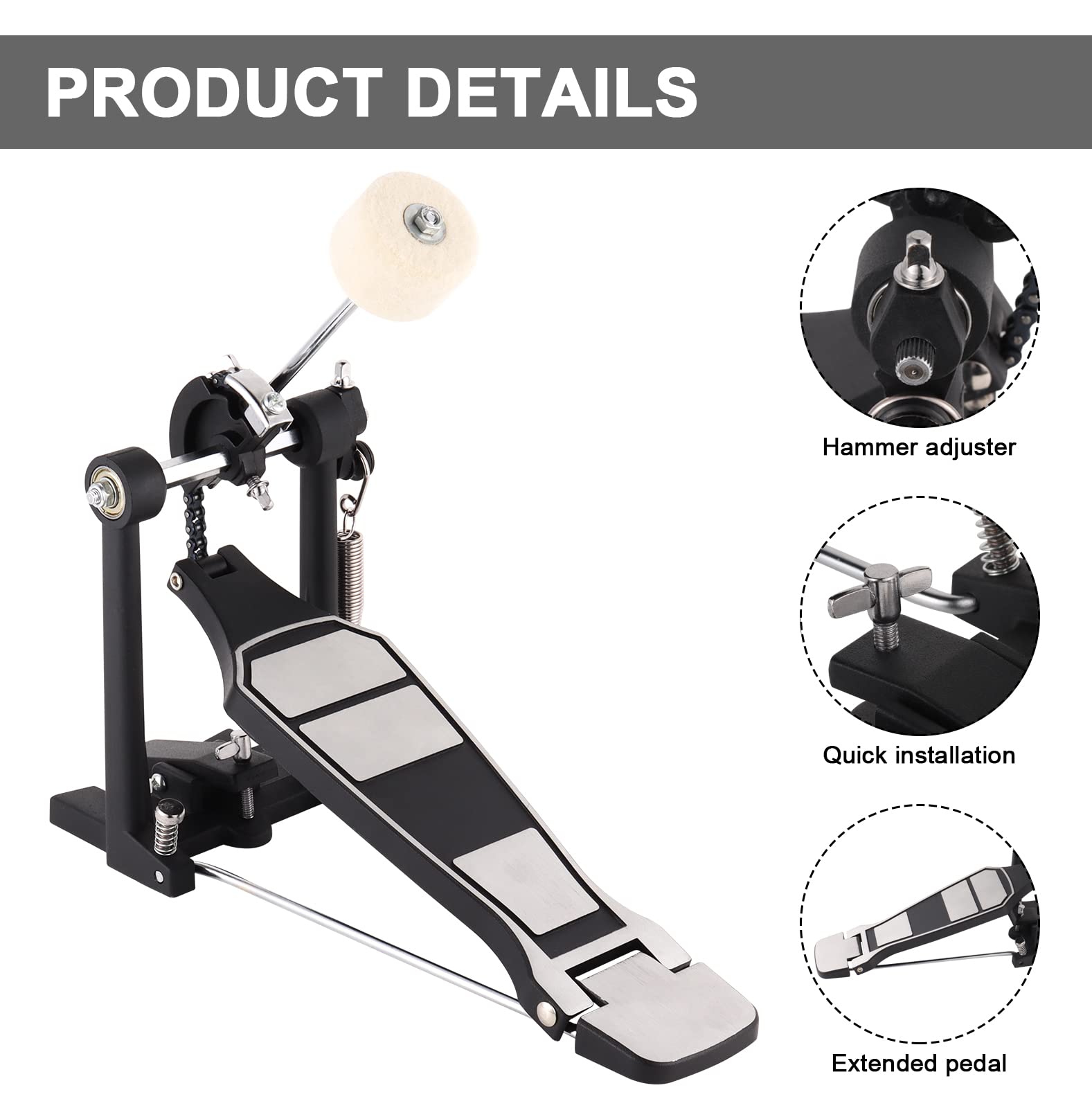 Bass drum pedal,Double Chain Drum Step on Hammer,Single Bass Drum Pedal come with Drum Beater Stick