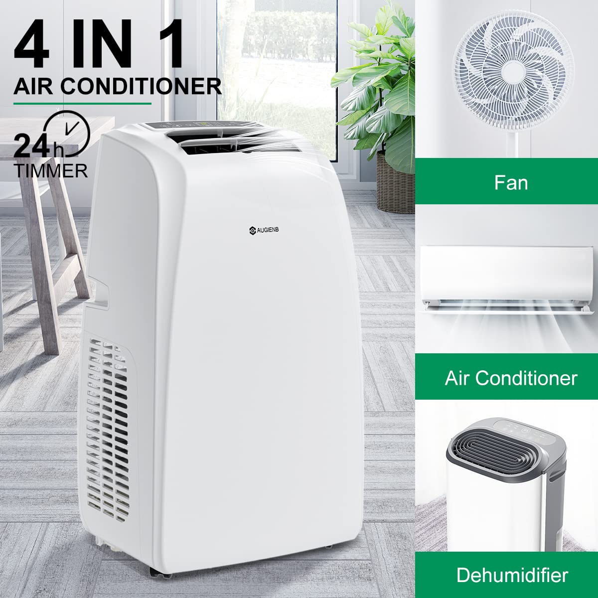 AUGIENB 14,000 BTU Portable Air Conditioners with Built-in Dehumidifier Function, Fan Mode, Quiet AC Unit, Rooms Dehumidifying Capacity 36L/day, LED Display,Complete Window Mount Exhaust Kit