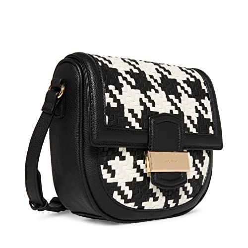 Anne Klein Woven Houndstooth Curved Flap Crossbody, Black-White Weave/Black